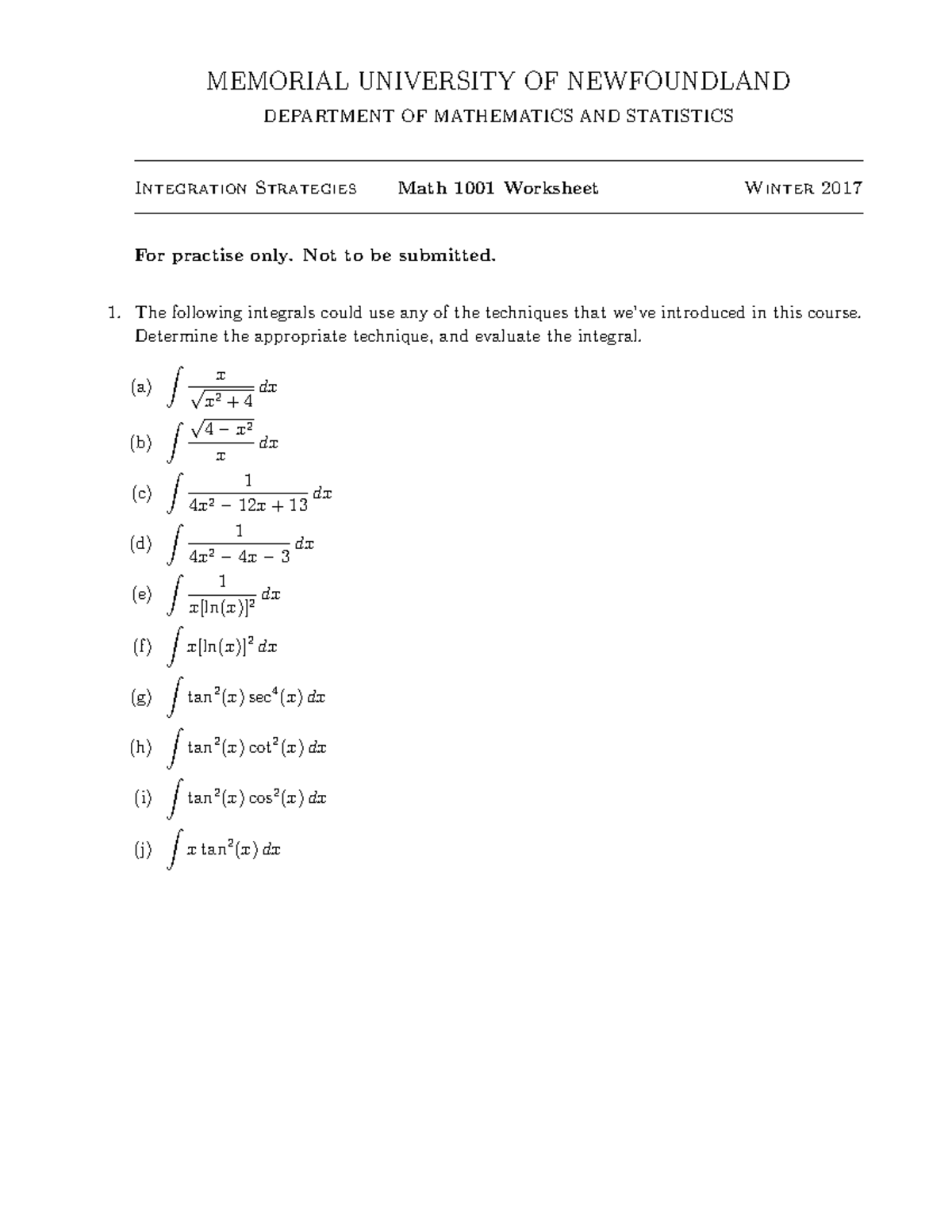 Worksheet on Integration Strategies - MEMORIAL UNIVERSITY OF ...