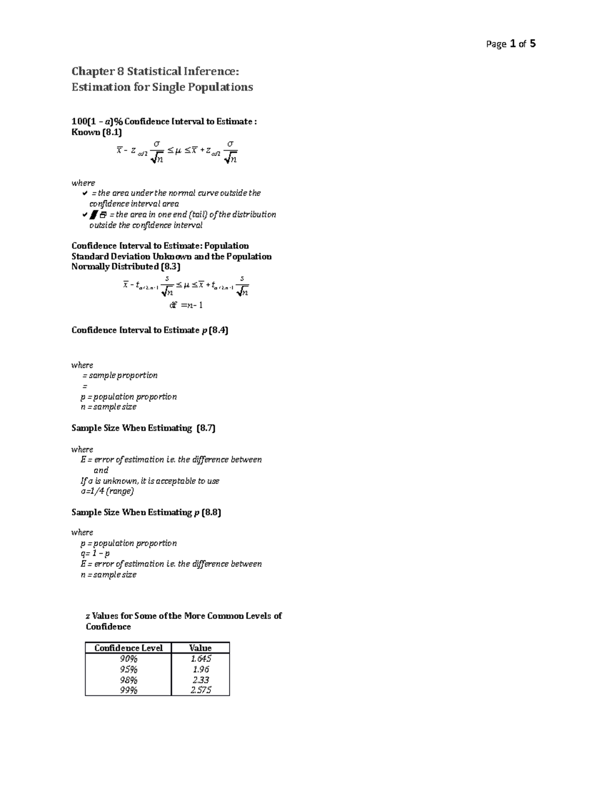 BU255 - All Formulas 2022Fall - Chapter 8 Statistical Inference: Estimation for Single ...