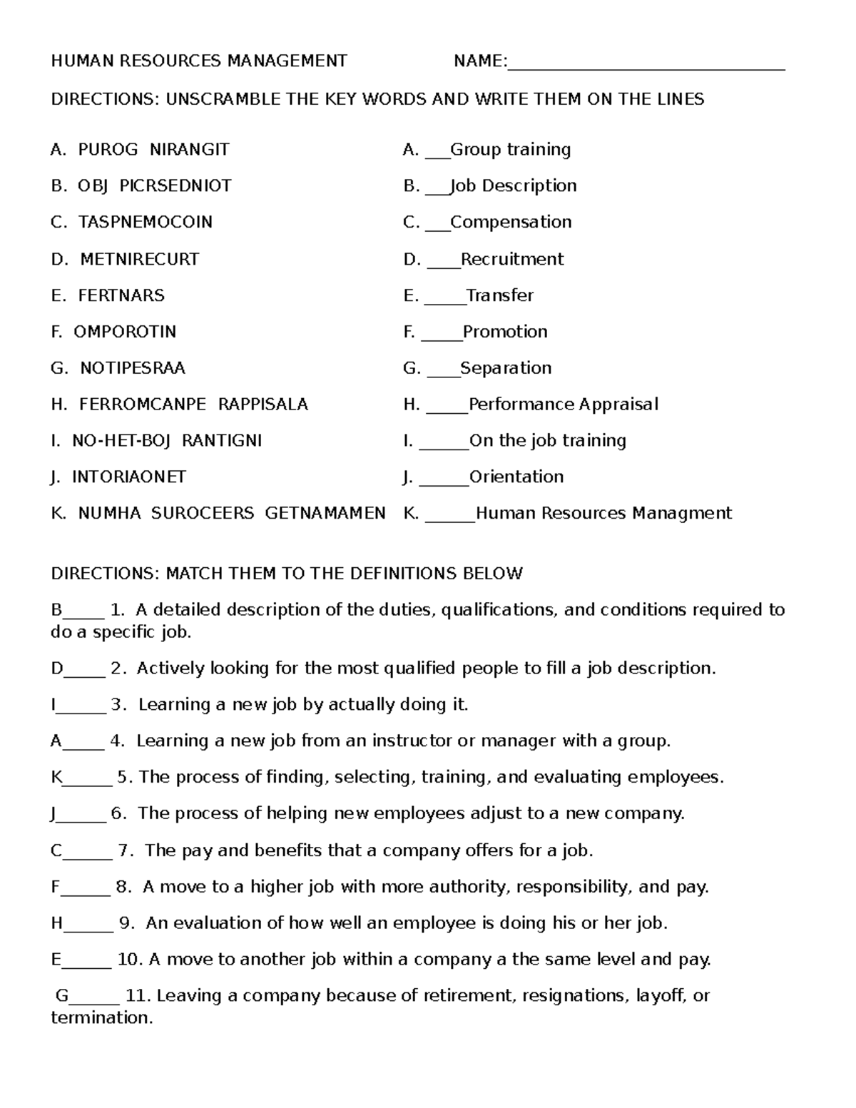 HR Vocab Worksheet - work - HUMAN RESOURCES MANAGEMENT NAME
