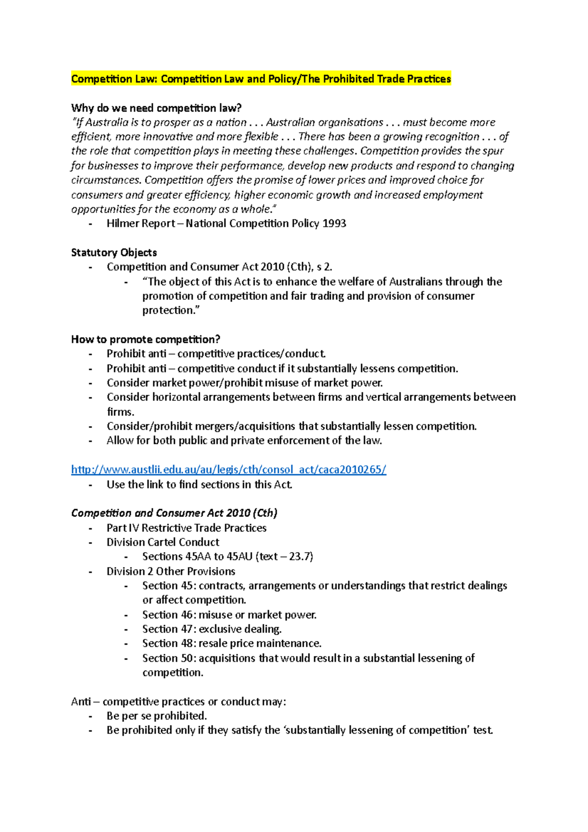 Week 12 - Lecture 12 notes - Competition Law: Competition Law and ...