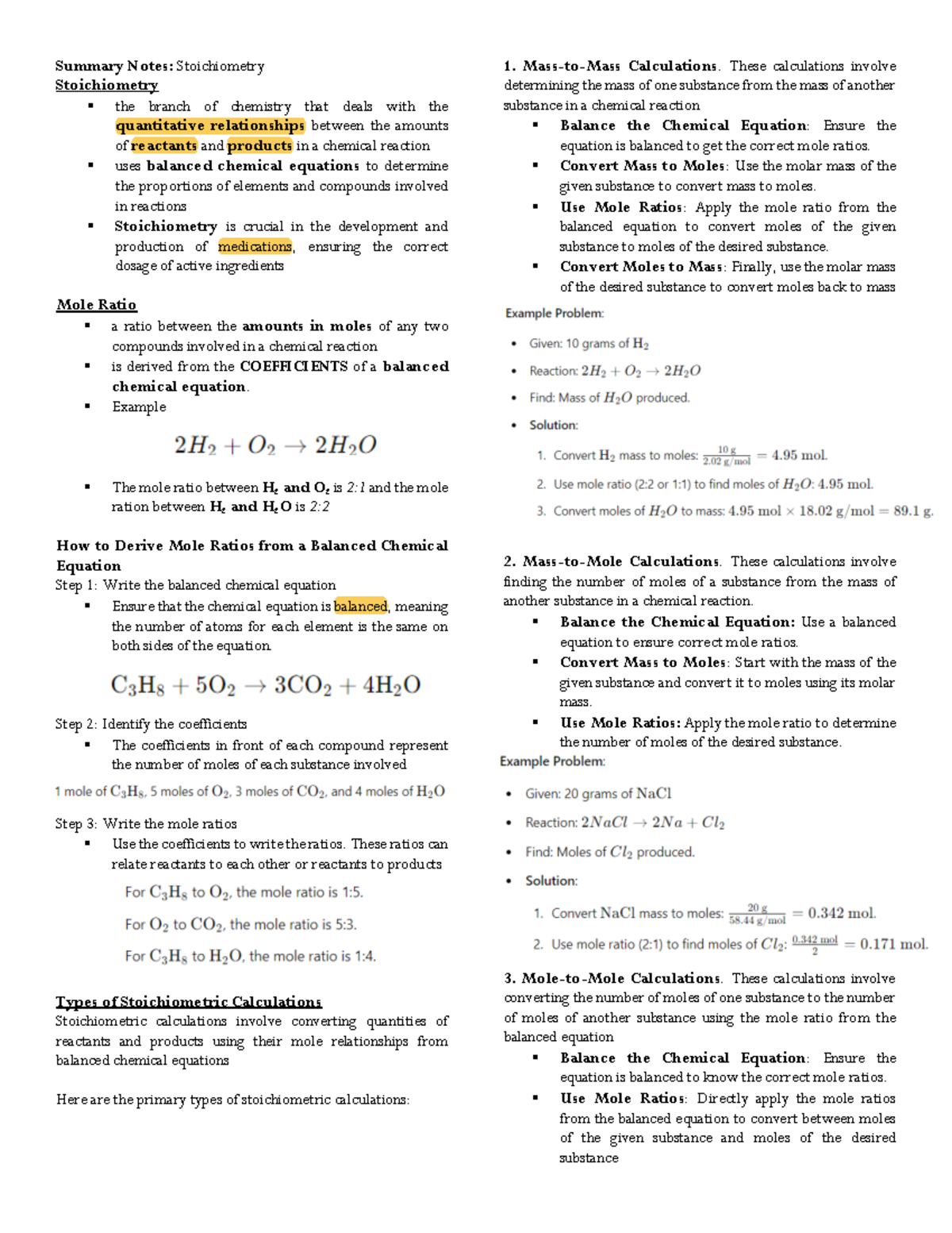 Supplementary Notes - Summary Notes: Stoichiometry Stoichiometry the ...