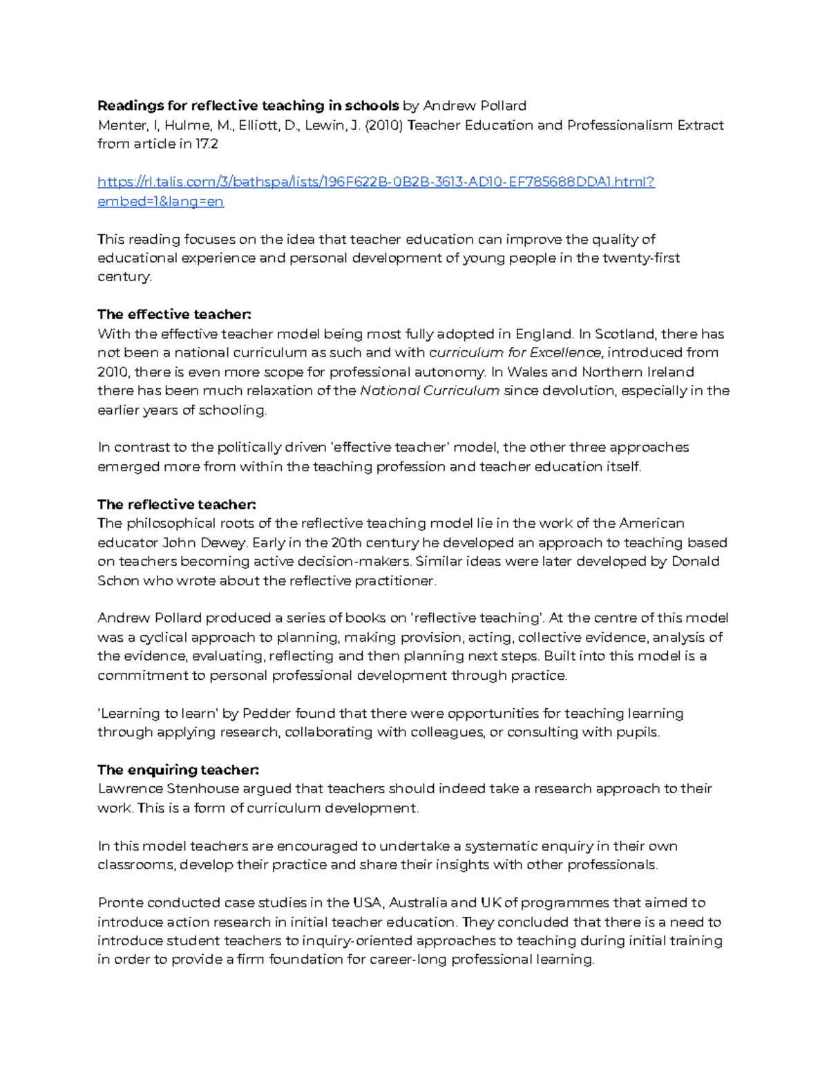 Reading 3 - Readings for reflective teaching in schools by Andrew ...