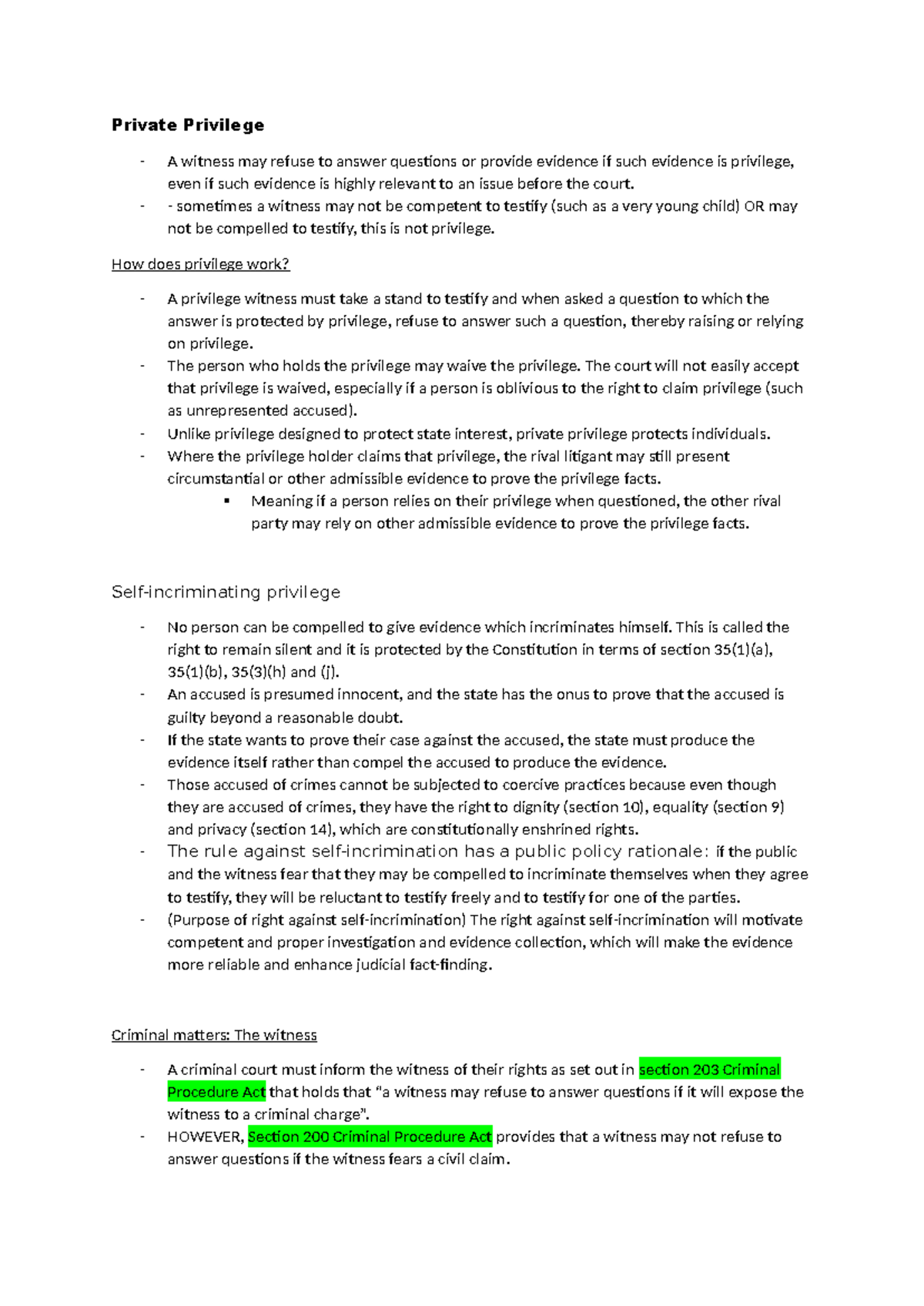 Privilege Evidence my Notes - Private Privilege - A witness may refuse ...