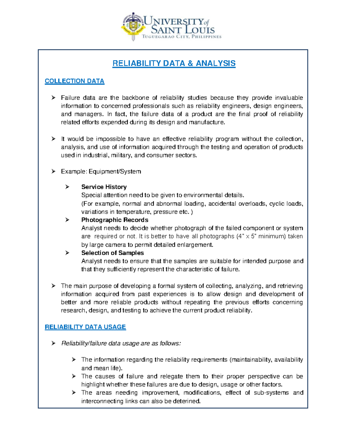 Reliability DATA AND Analysis - RELIABILITY DATA & ANALYSIS COLLECTION ...