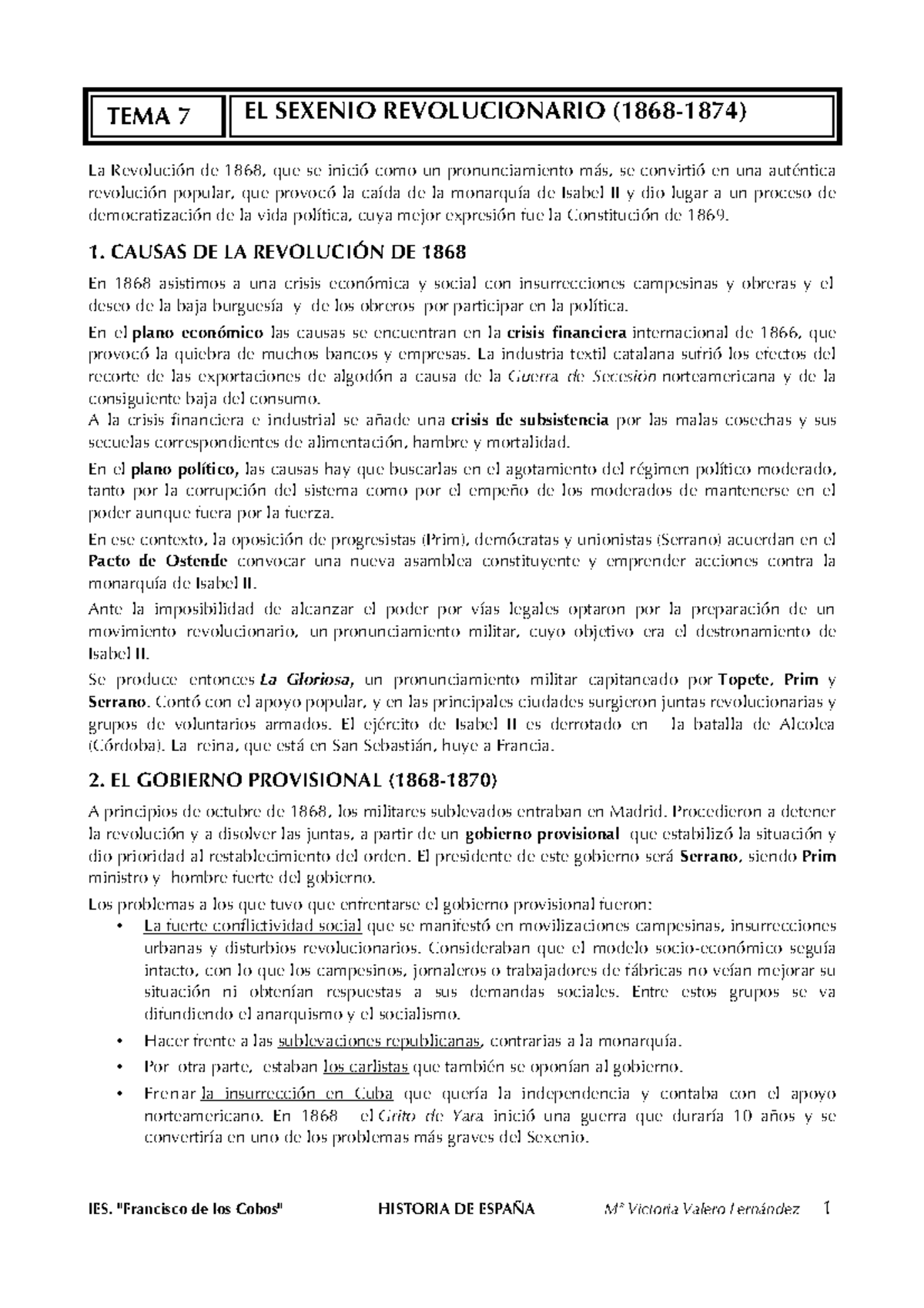 Tema 7 Historia de España. - TEMA 7 EL SEXENIO REVOLUCIONARIO (1868-1874) La Revolución de 1868 ...