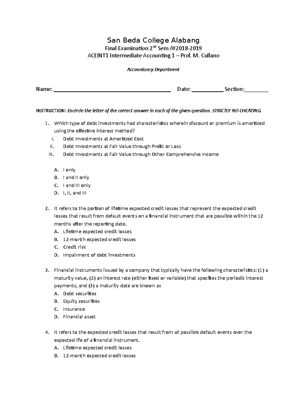 Aceint 1 Intermediate Accounting 1 Final Exam Sy 2021 2022 San Beda