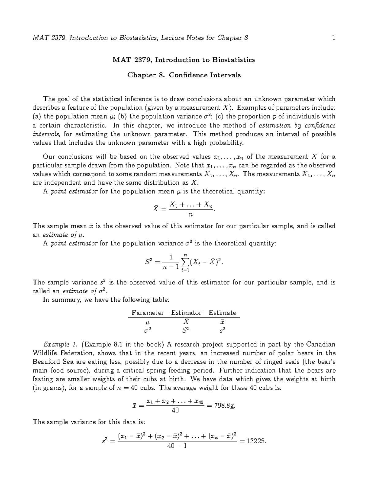 2379-chapter 8 - biostats - MAT 2379, Introduction to Biostatistics ...