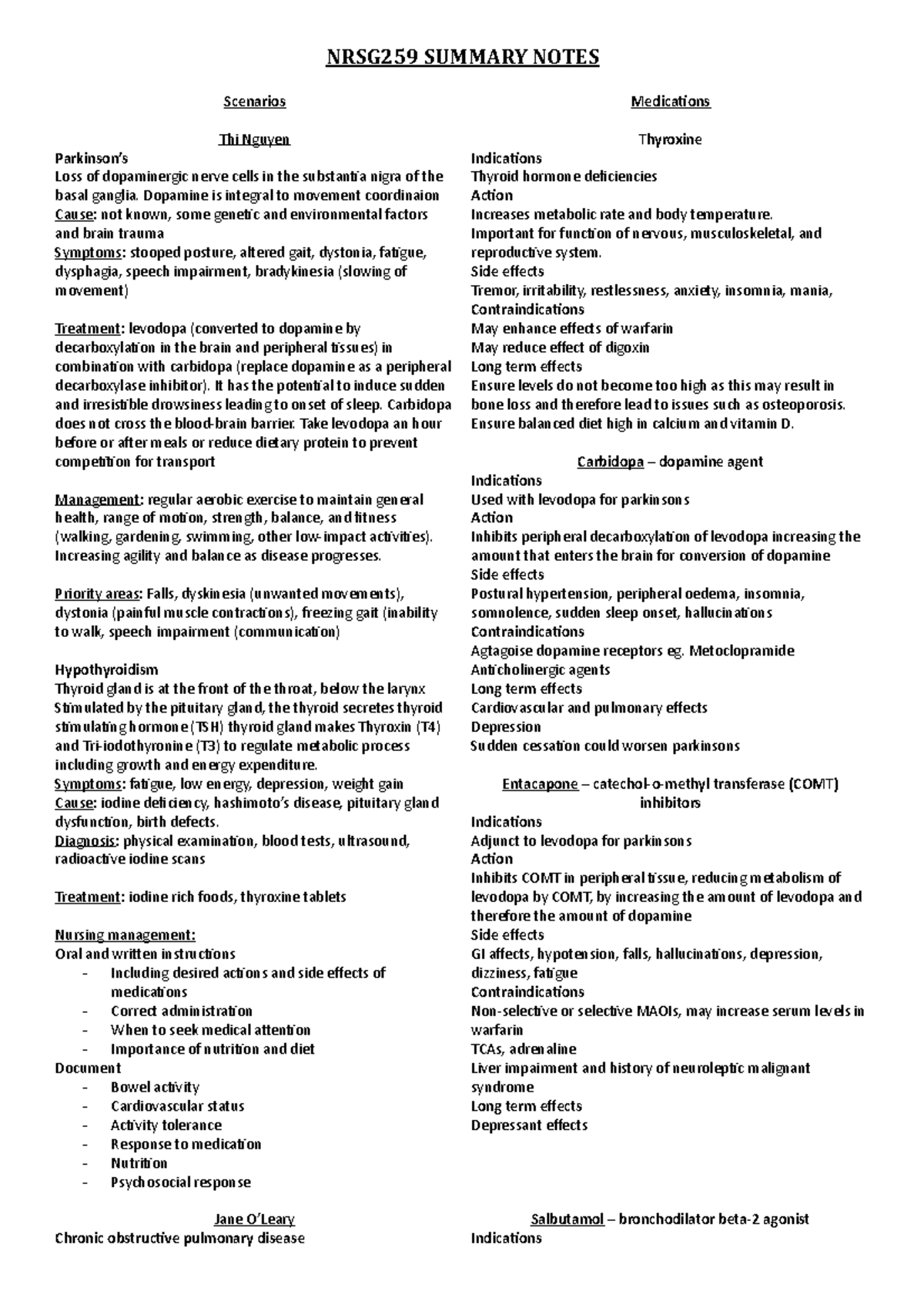 Summary Lecture 1 10 Nrsg259 Summary Notes Scenarios Medications Thi Nguyen Parkinson S Loss