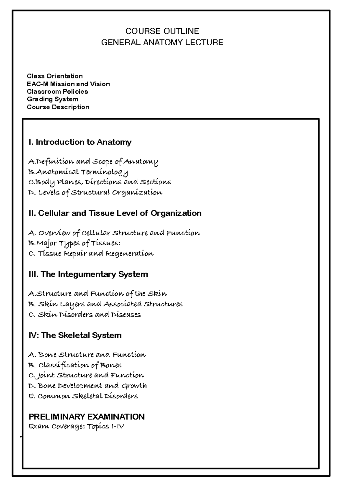 Course Outline General Anatomy LEC - COURSE OUTLINE GENERAL ANATOMY ...