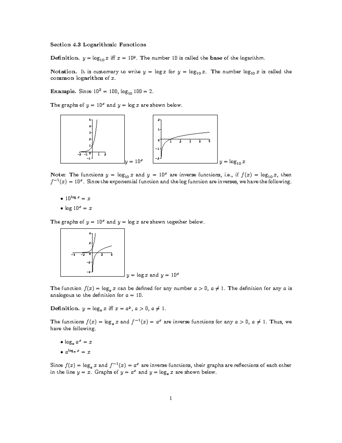 11. ss 4 3 - Notes - Section 4 Logarithmic Functions Definition. y ...