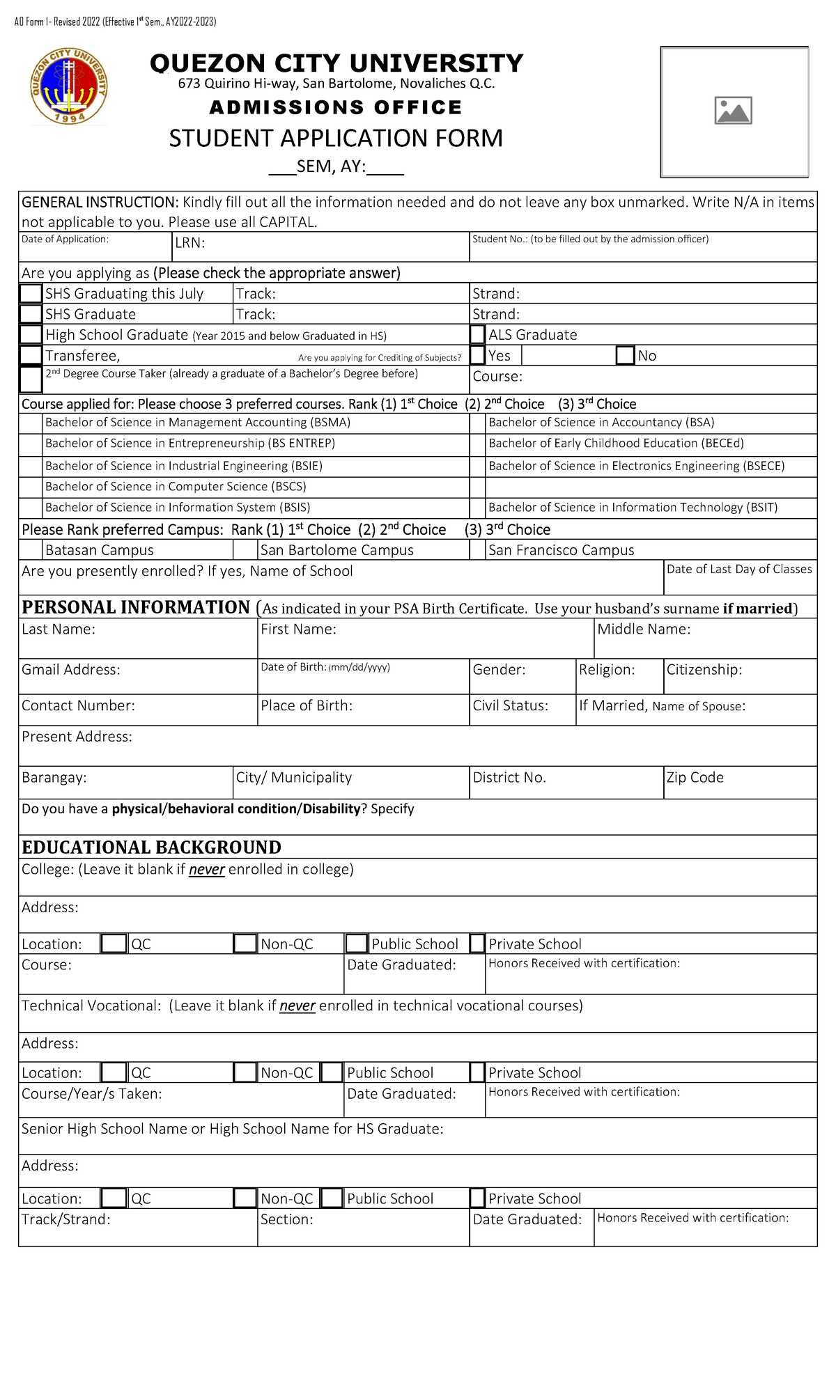 AO1 2024 QCU Student Application FORM FOR Admission - AO Form 1 ...