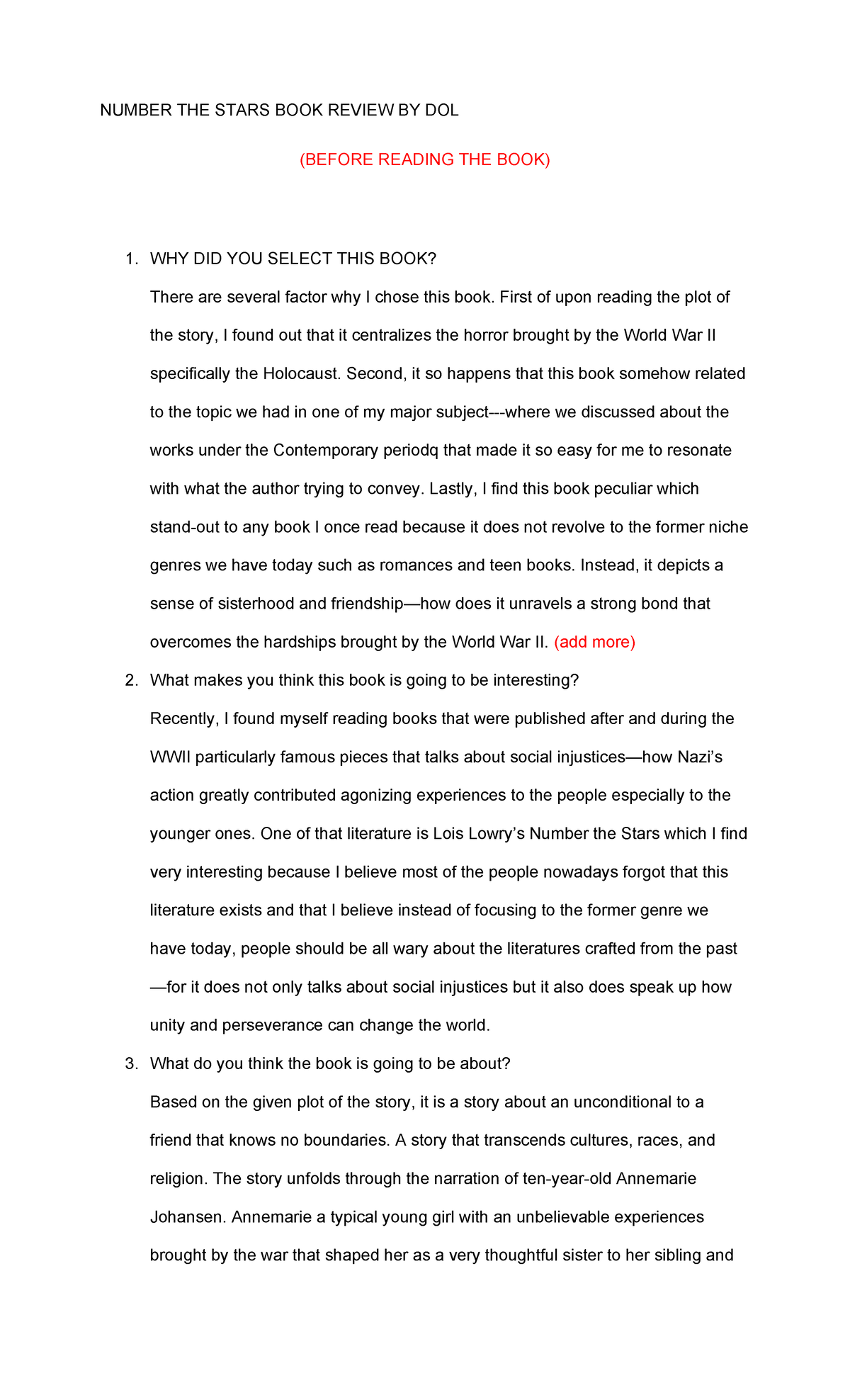 Number THE Stars BOOK Review BY DOL - NUMBER THE STARS BOOK REVIEW BY ...