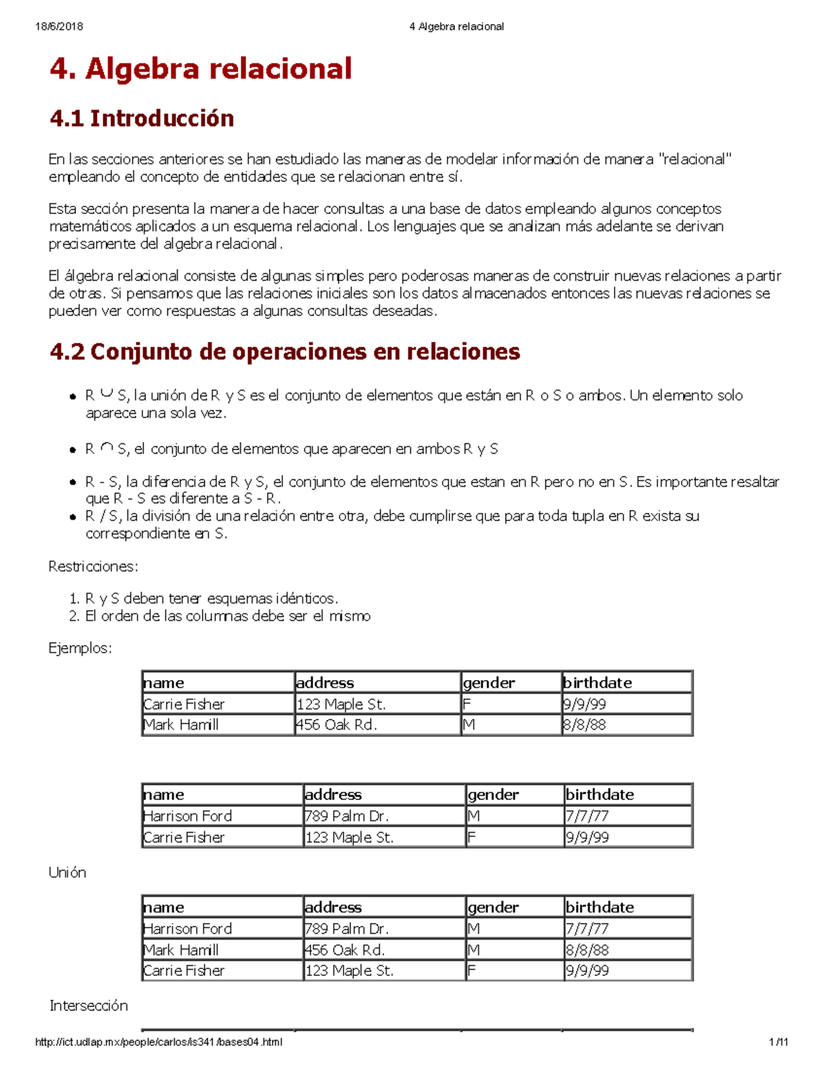 1.1 Algebra relacional - 18/6/2018 4 Algebra relacional 4. Algebra ...
