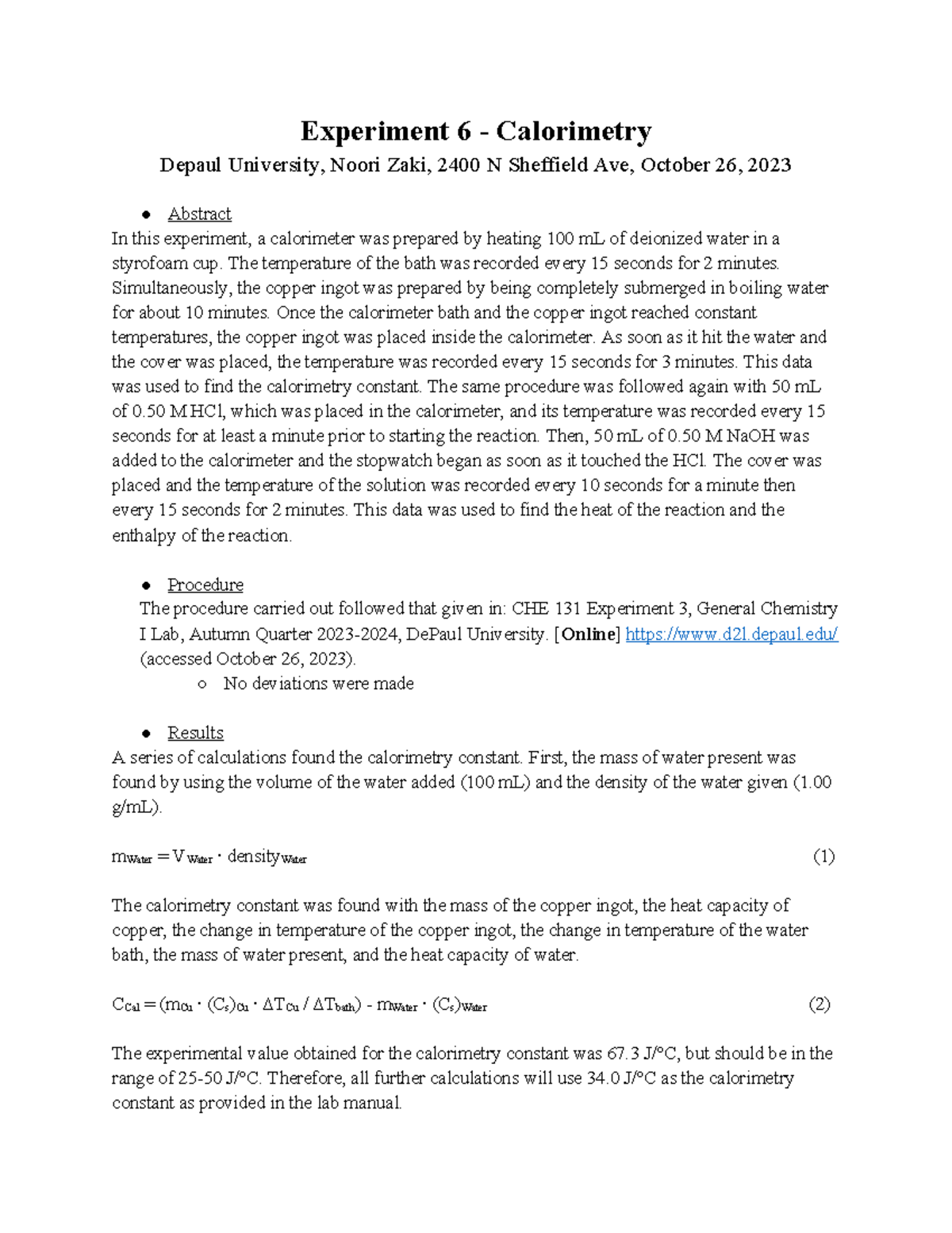 Experiment 6 - Calorimetry: Lab Report - Experiment 6 - Calorimetry ...