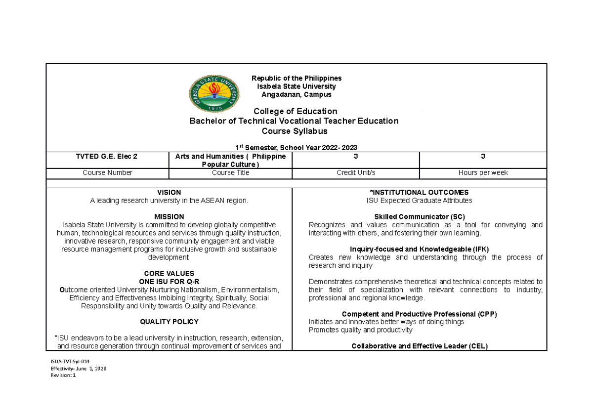 Philippine Popular Culture syllabus 1 - Republic of the Philippines Isabela State University ...