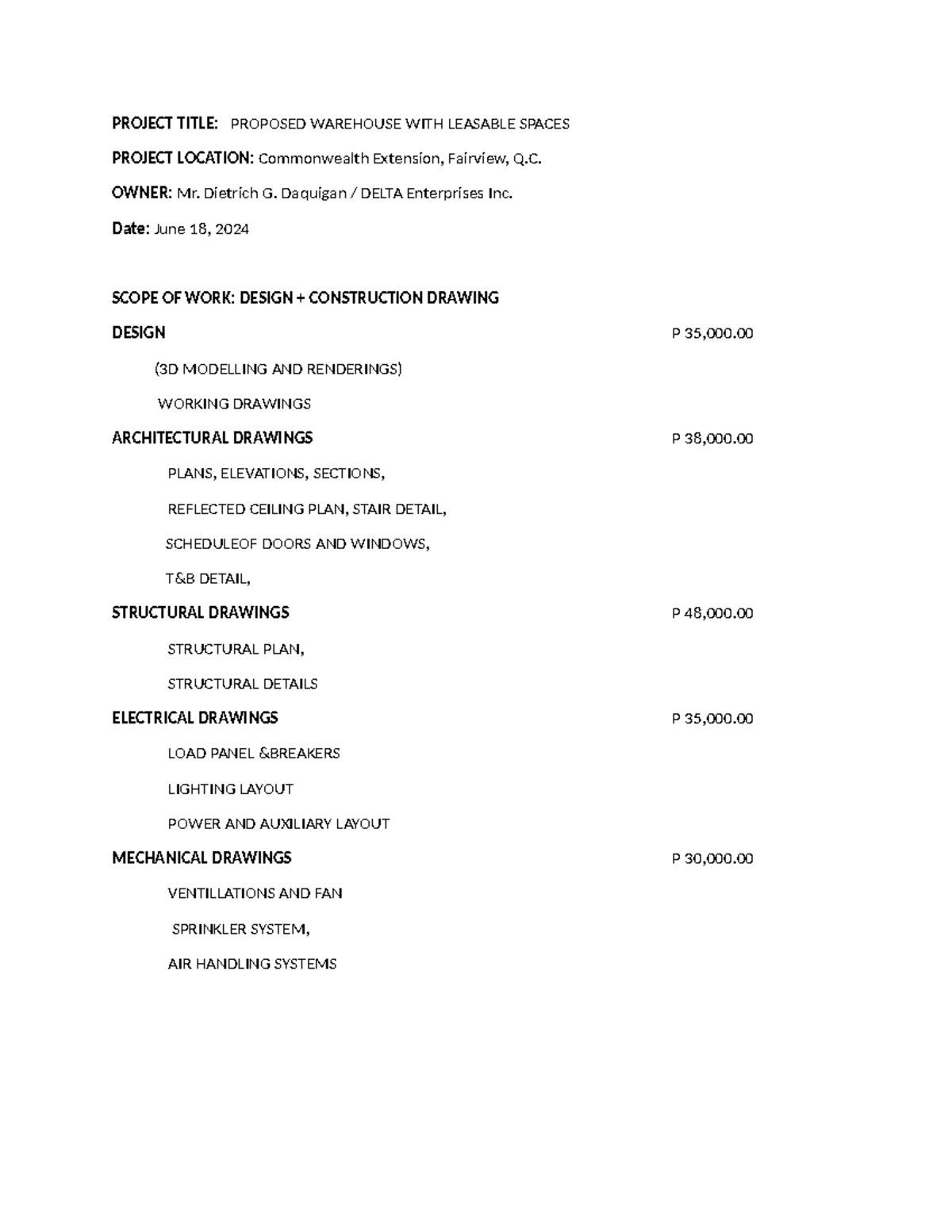 Design Cost Proposal Delta - PROJECT TITLE: PROPOSED WAREHOUSE WITH ...