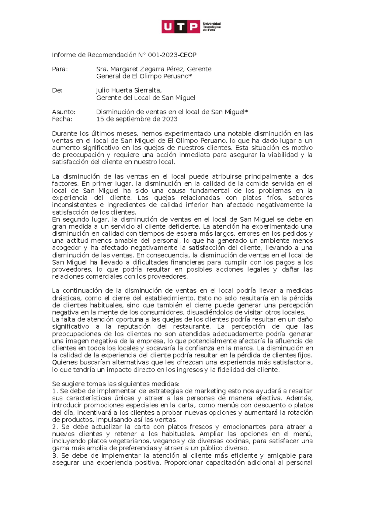 Trabajo TA2 Comprension Y Redacion - Informe de Recomendación N° 001-2023-CEOP Para: Sra ...