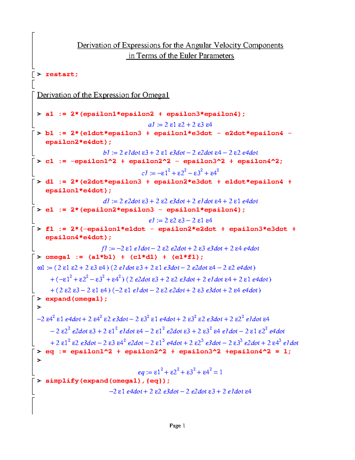 Me659Maple Euler Parameters To Angular Velocity - Derivation of Expressions for the Angular ...