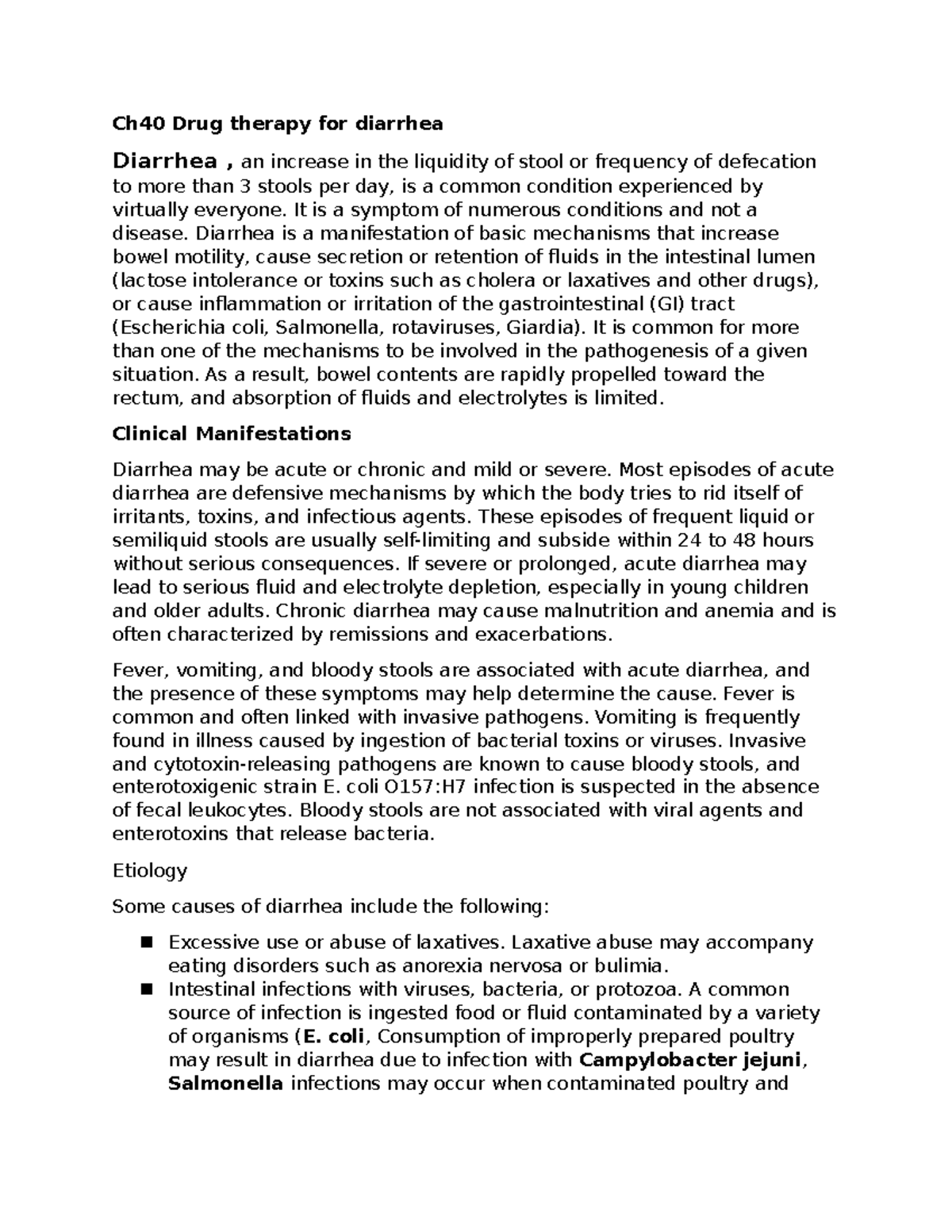 Pharm Exam 3Ch40 - Ch40 Drug therapy for diarrhea Diarrhea , an ...