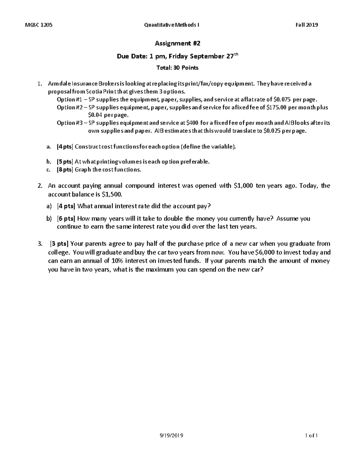 Assignment 2 Fall 2019 Mgsc 1205 Quanti Tati Ve Meth Ods I Fal L 2019 9192019 1 Of 1