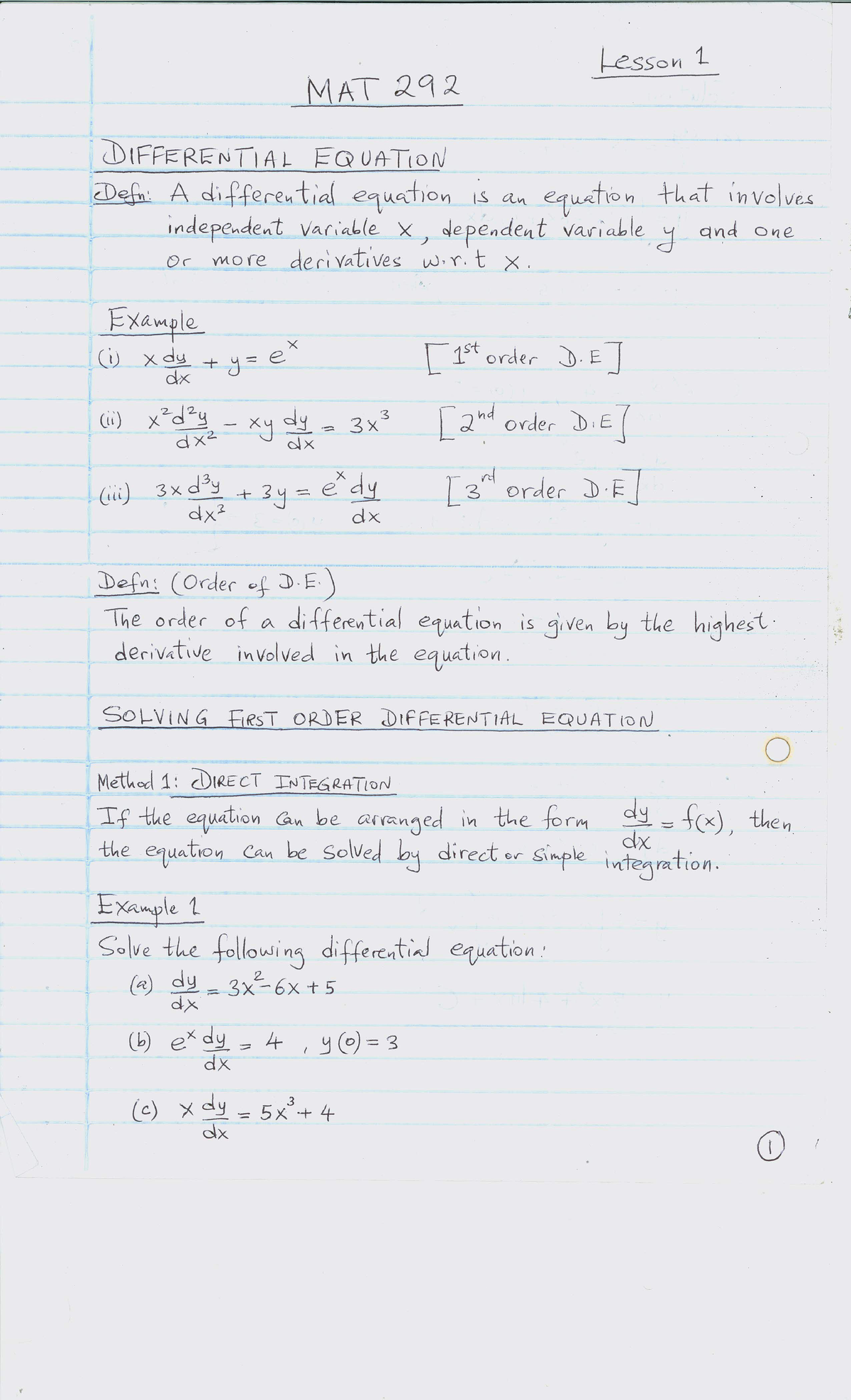 Lesson 1 mat292 - differential equations - Engineering Mathematics ...