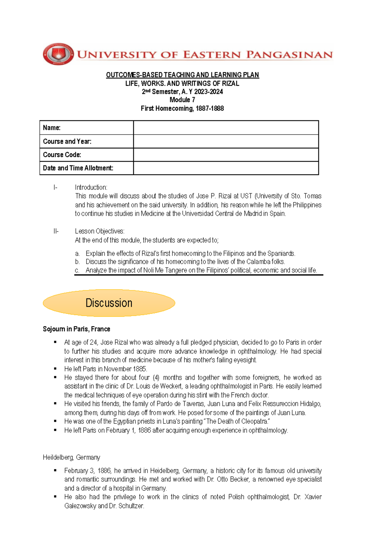Module 7 - First Homecoming, 1887-1888 - OUTCOMES-BASED TEACHING AND ...