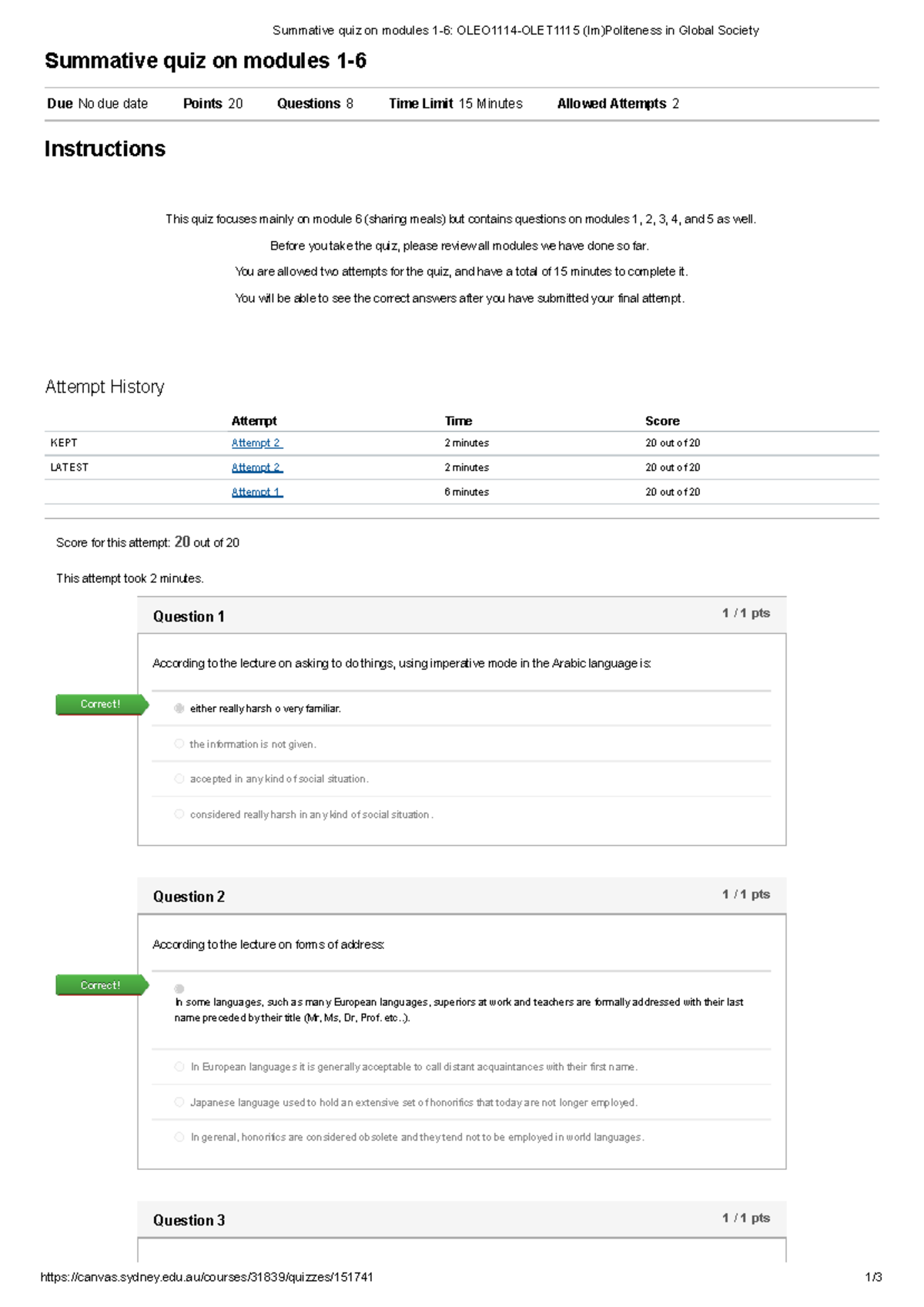 Summative quiz on modules 1 6 OLEO1114 OLET1115 Im Politeness in Global ...