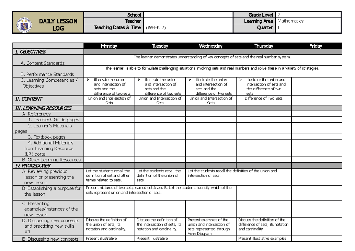 Sample Grade 7 DLL Q1W2 - Thank you - DAILY LESSON LOG School Grade ...