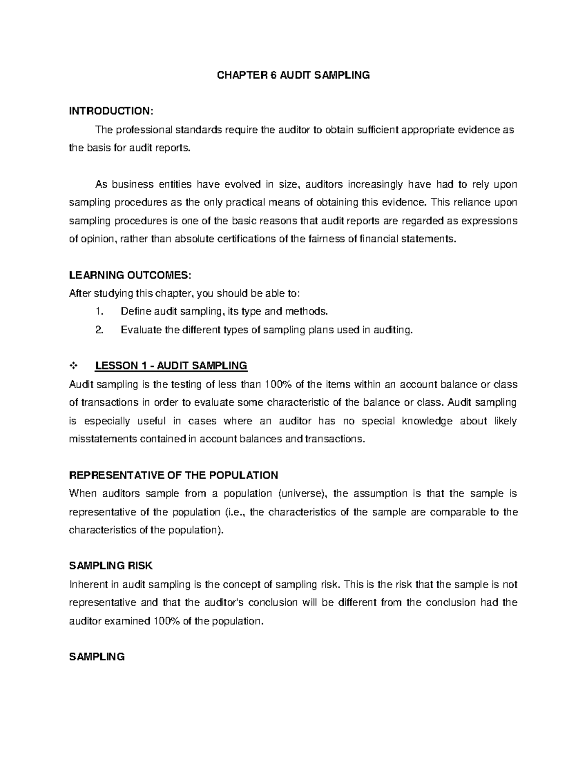 Chapter-6-AAP - Lecture notes Chapter 6 - CHAPTER 6 AUDIT SAMPLING ...