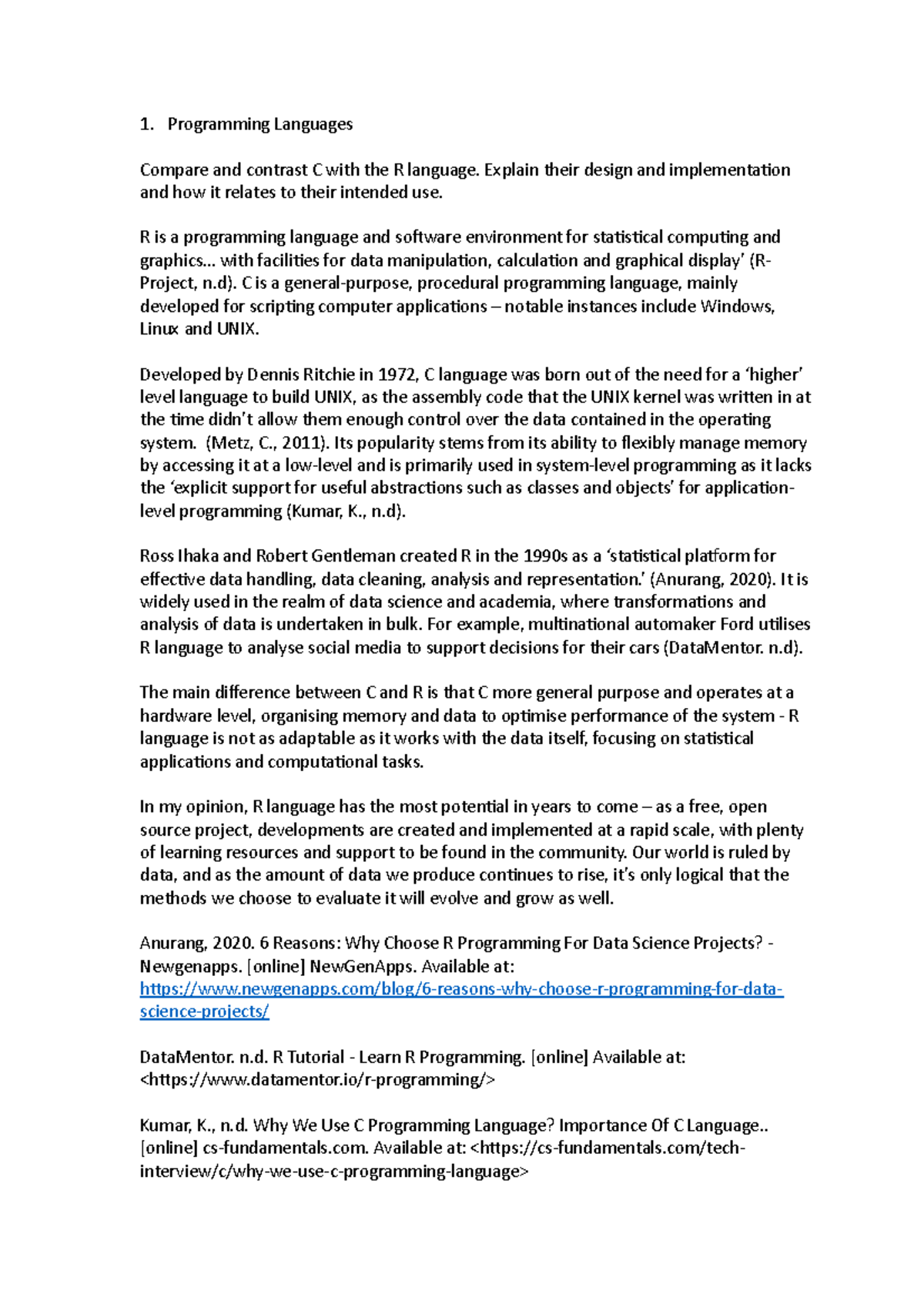 IFB102 Module 2 Workbook - Programming Languages Compare and contrast C ...