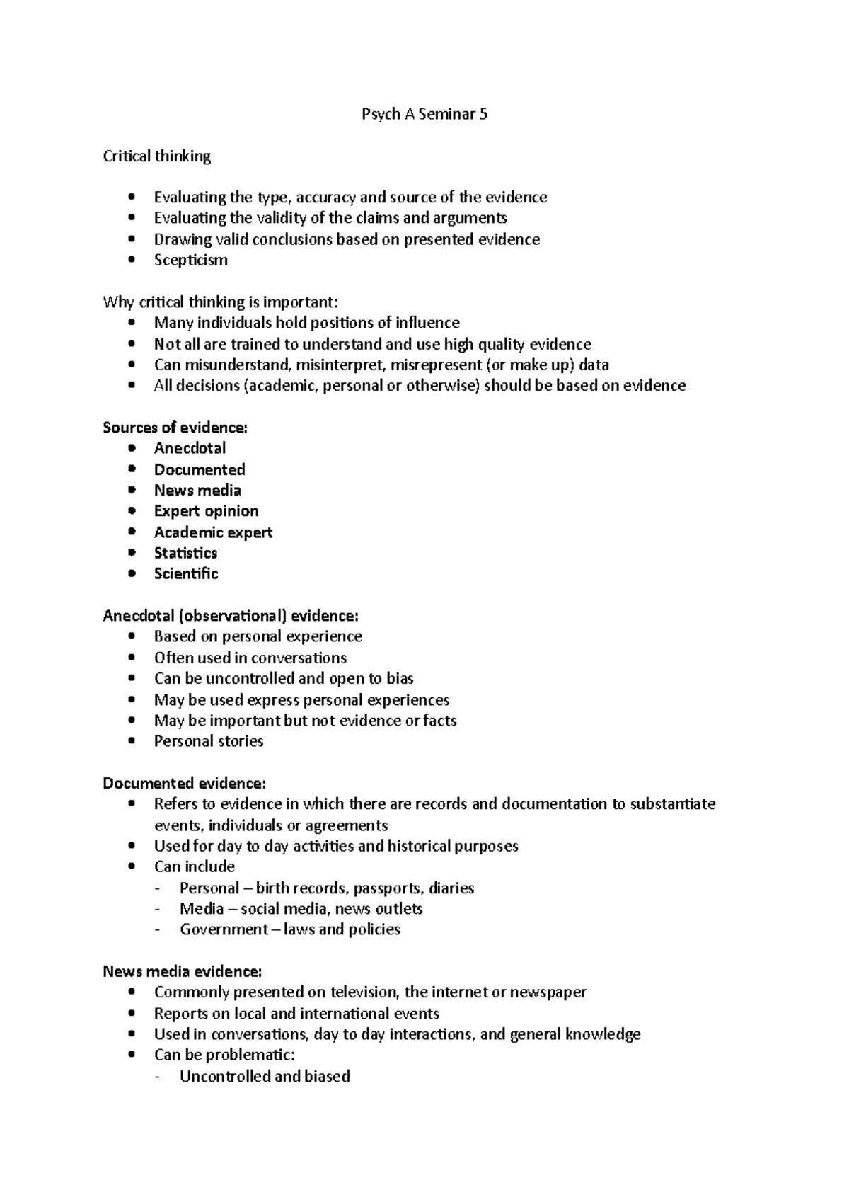 Week 5 - Critical Thinking Seminar - Psych A Seminar 5 Critical ...