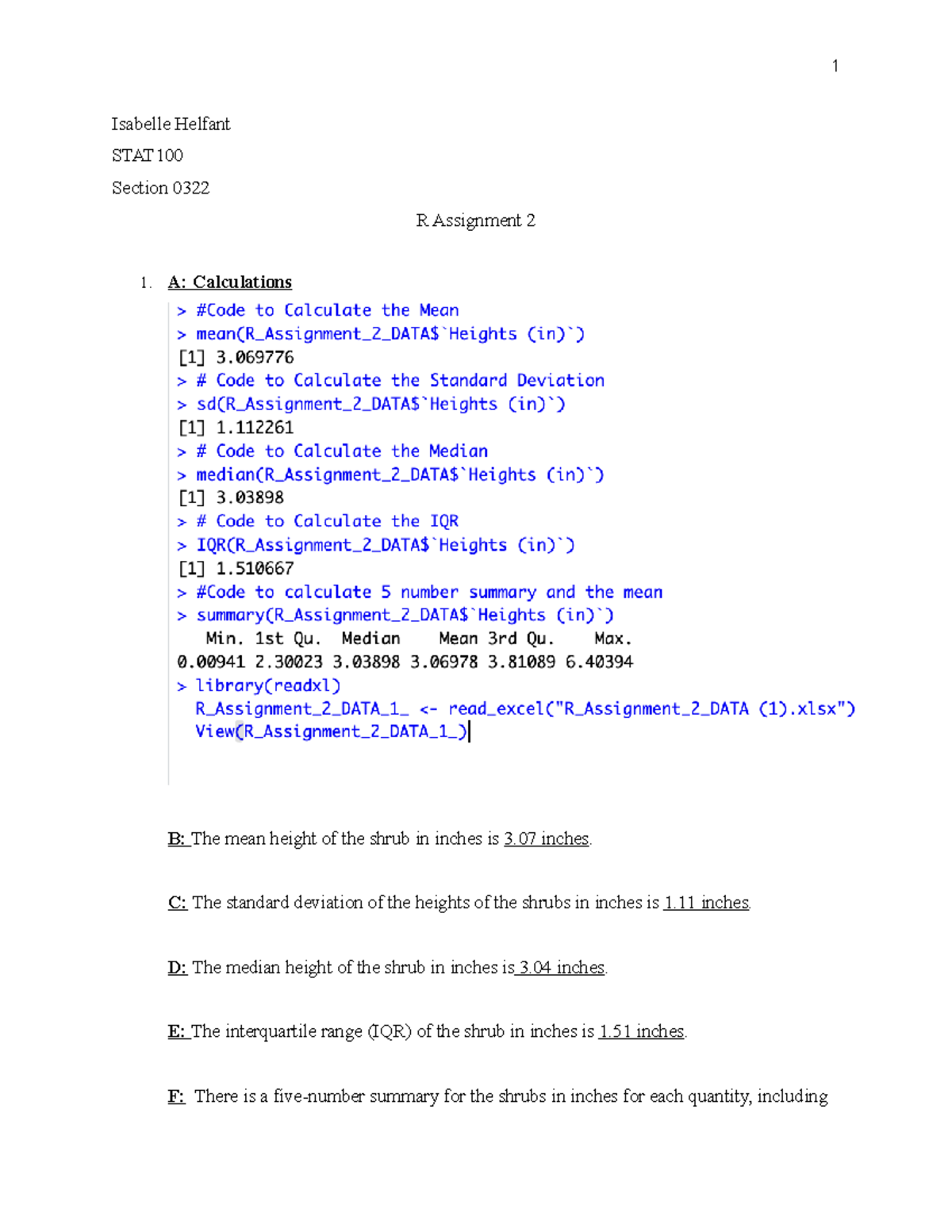 R Studio Assignment 2 - 1 Isabelle Helfant STAT Section 0322 R Assignment 2 A: Calculations B ...