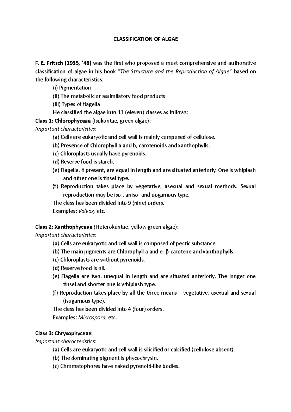 Algae classification - CLASSIFICATION OF ALGAE F. E. Fritsch (1935, ’48 ...