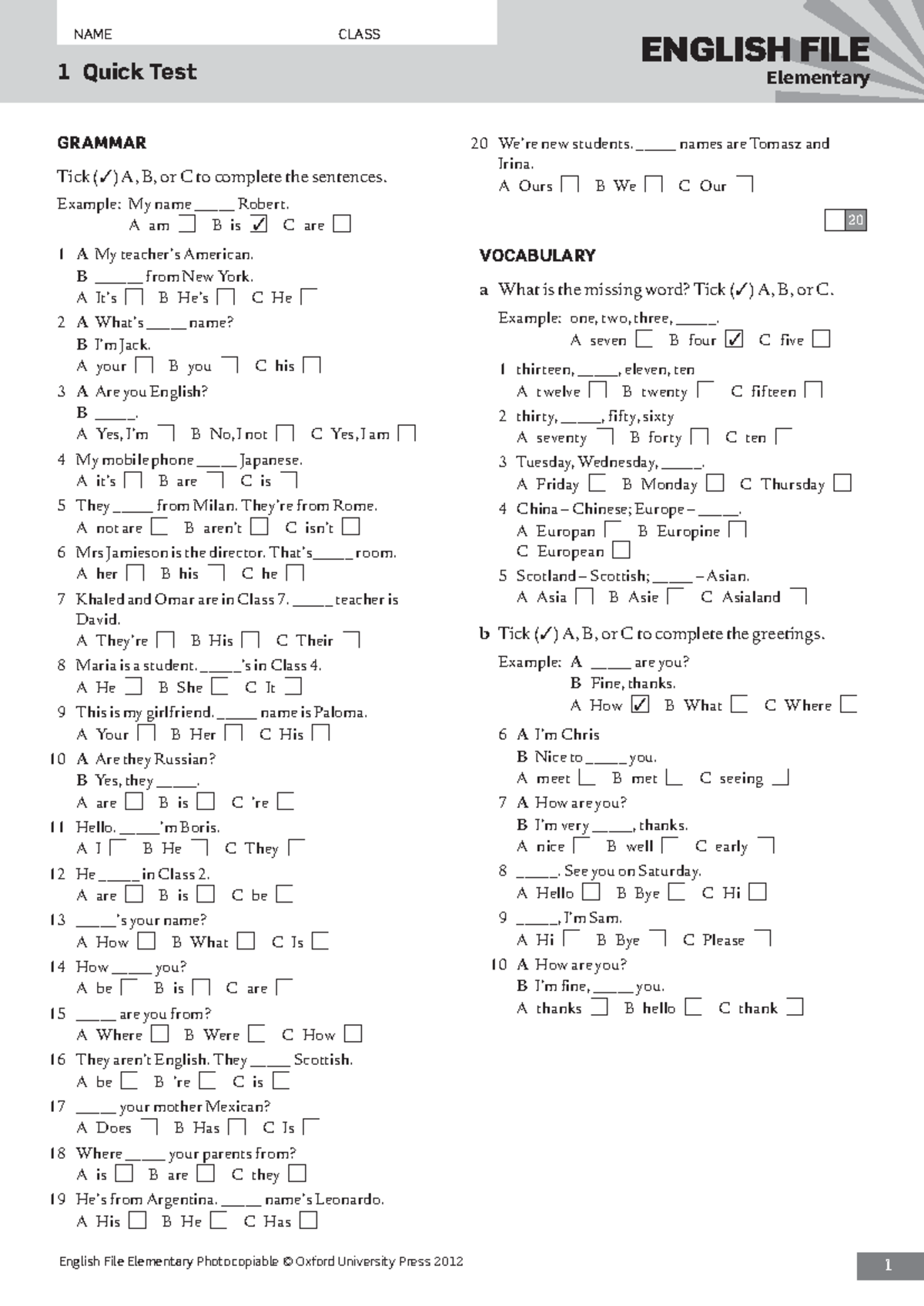 EF3e elem quicktest 01 - sdas - English File Elementary Photocopiable ...