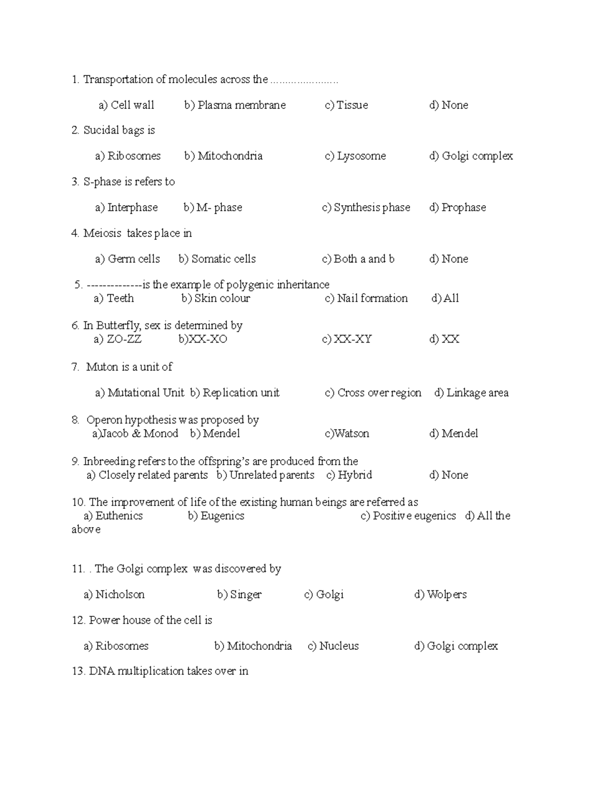 Mcq cell biology - mcq - Transportation of molecules across the ...