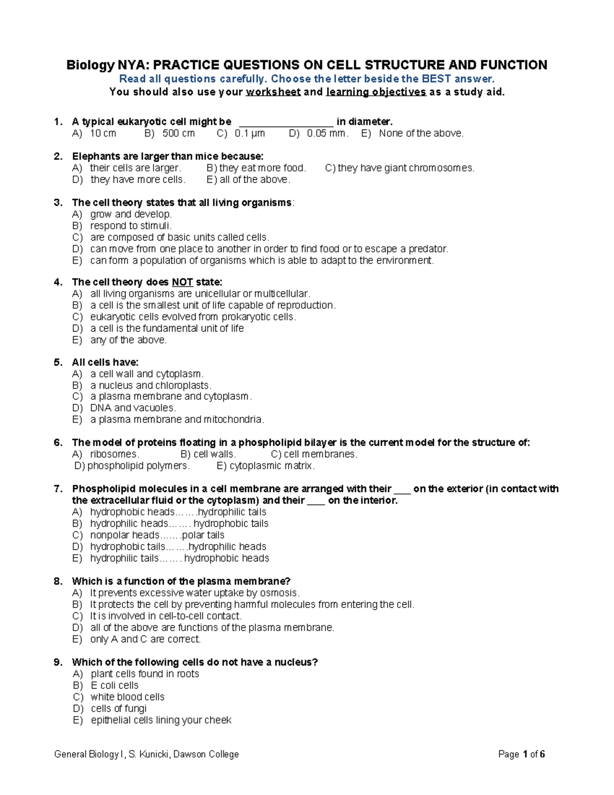 NYA Practice Questions- CELL - Biology NYA: PRACTICE QUESTIONS ON CELL ...