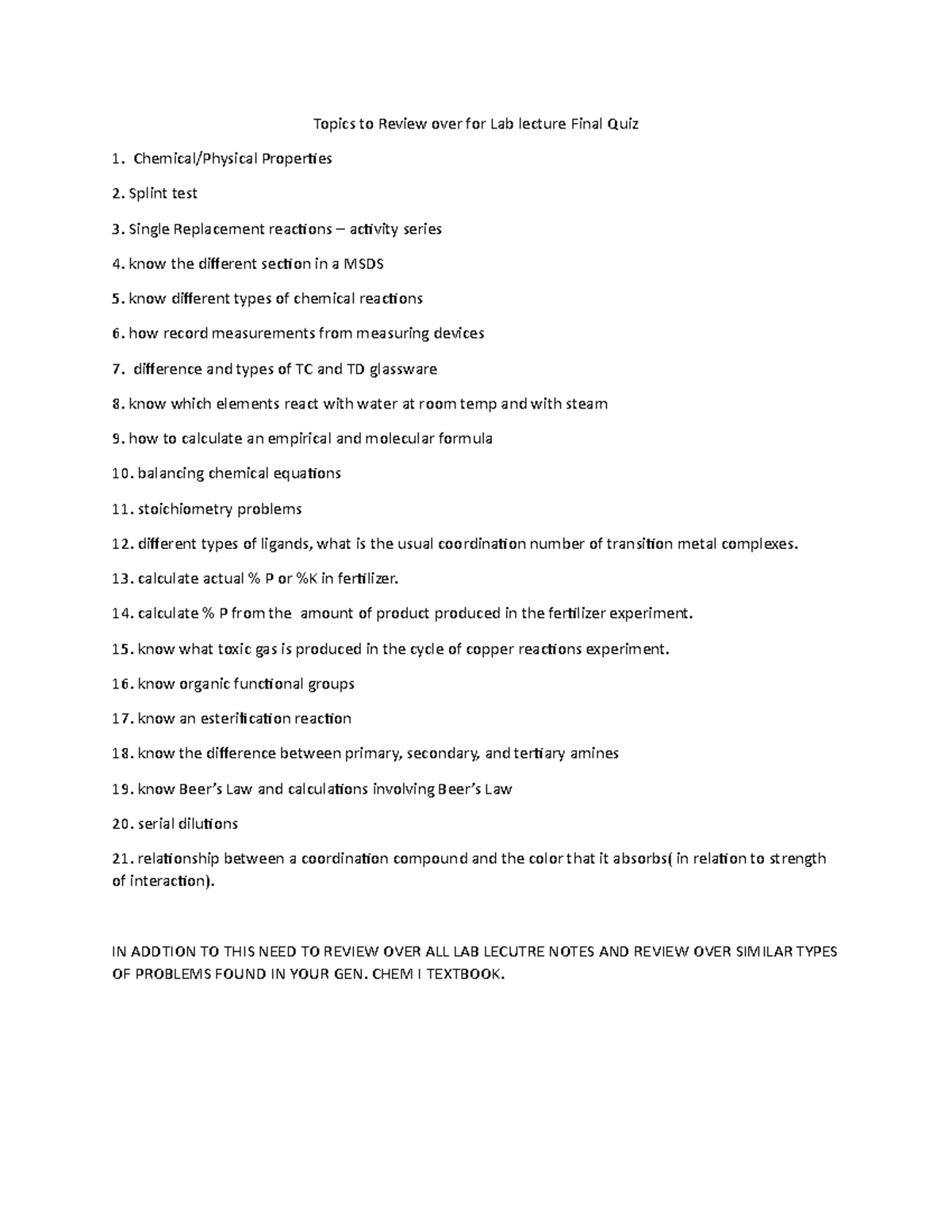 Lab Lecture Final Review - Topics to Review over for Lab lecture Final ...