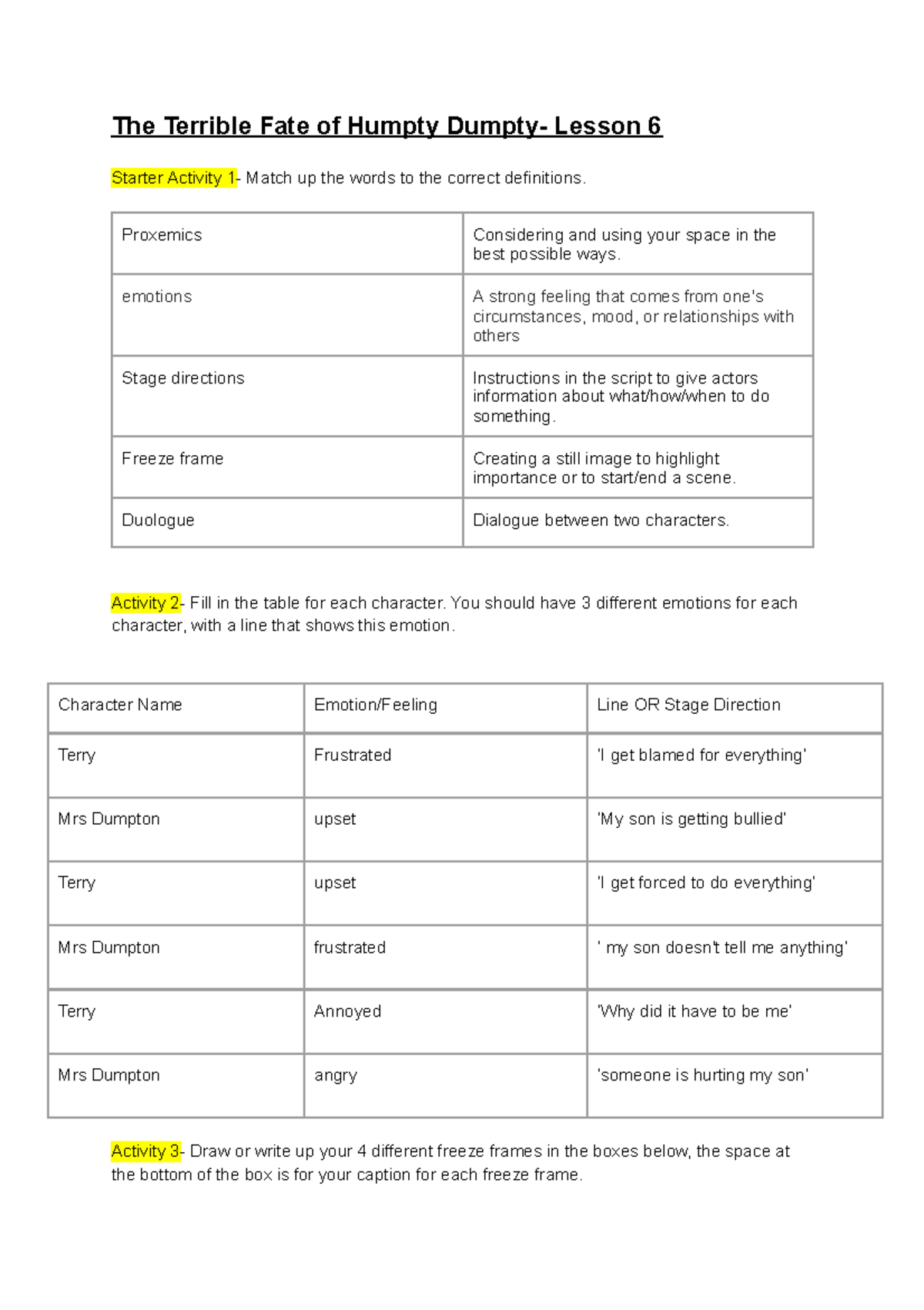 Humptey dumpty lesson 6 work sheet - The Terrible Fate of Humpty Dumpty ...