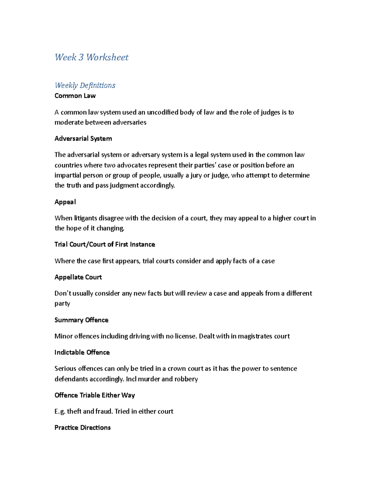 English legal system week 3 - Week 3 Worksheet Weekly Definitions ...