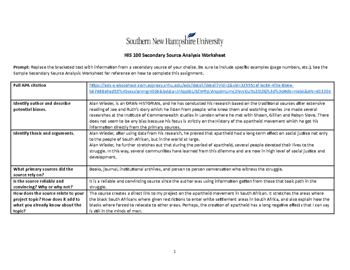 HIS 100 Secondary Source Analysis Worksheet - HIS 100 Secondary Source ...