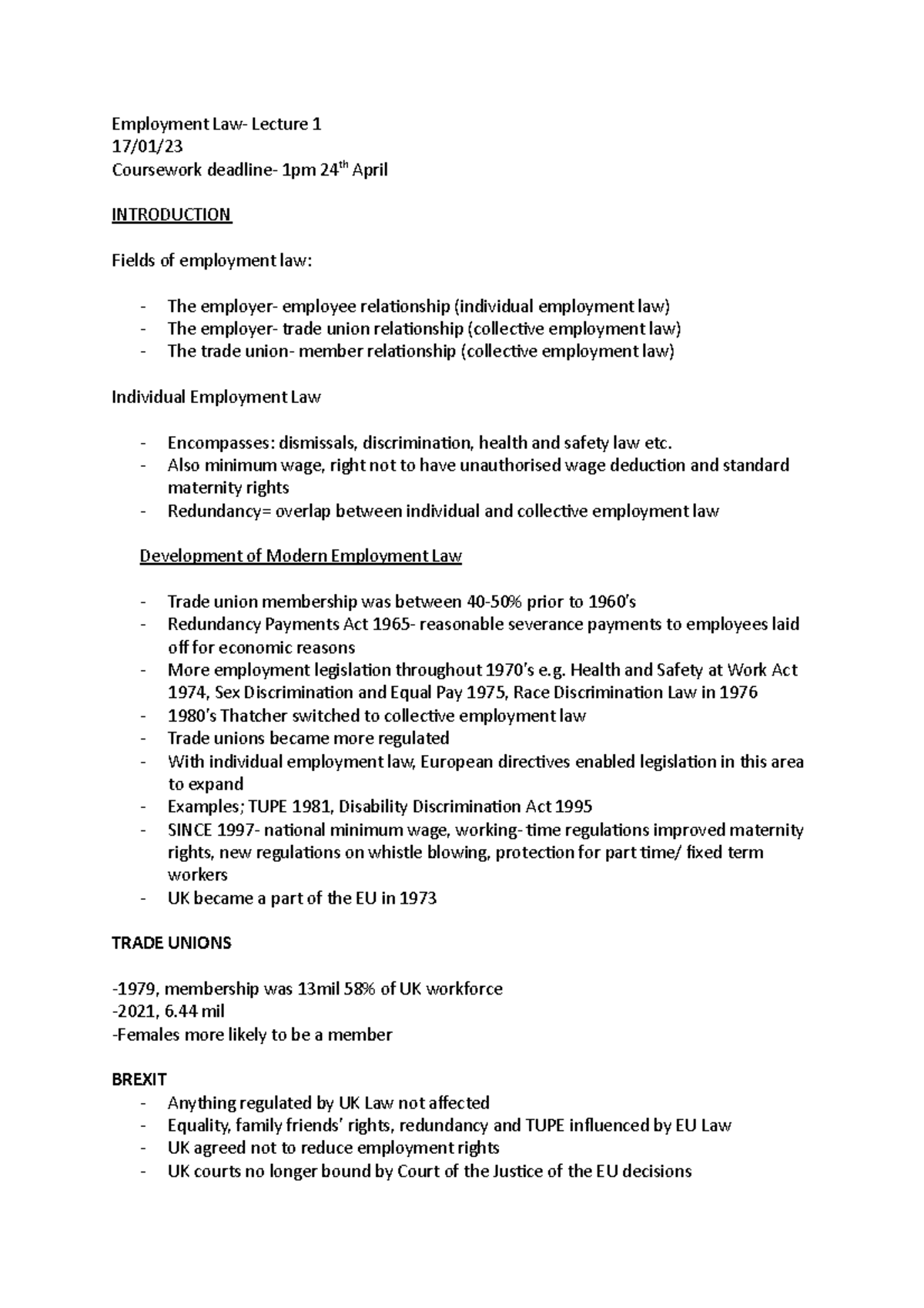 Lecture ONE - xxxxx - Employment Law- Lecture 1 17/01/ Coursework ...