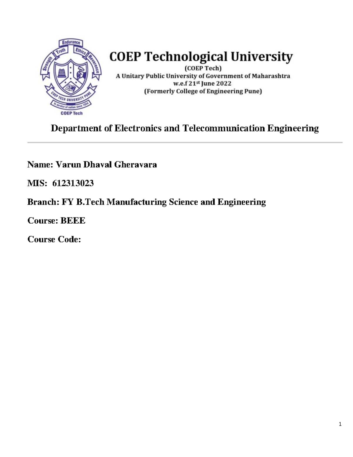 Beee assignment 612313023 - Department of Electronics and Telecommunication Engineering ...