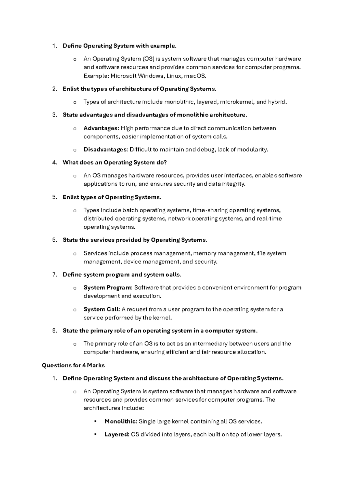 OS unit I Qn A - Question bank for exams - 1. Define Operating System with example. o An ...