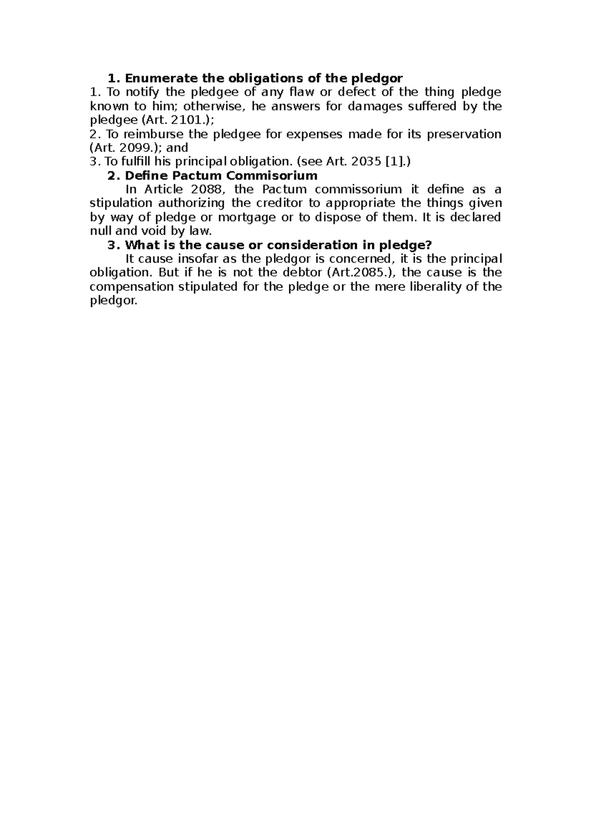 LAW 3 - Law notes. - Enumerate the obligations of the pledgor To notify ...