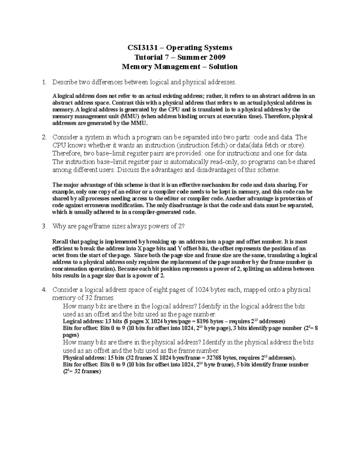 CSI3131Tutorial 7Sol - good project - CSI3131 – Operating Systems Tutorial 7 – Summer 2009 ...