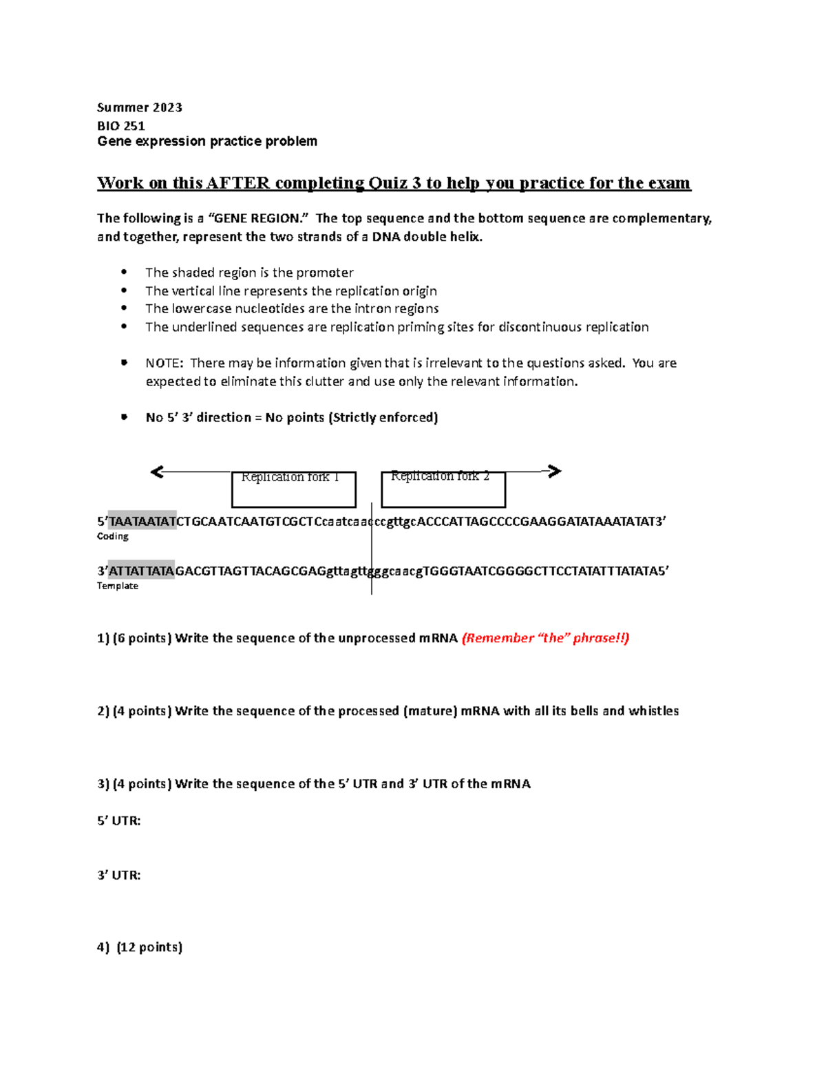 Gene expression practice problem - Summer 2023 BIO 251 Gene expression ...