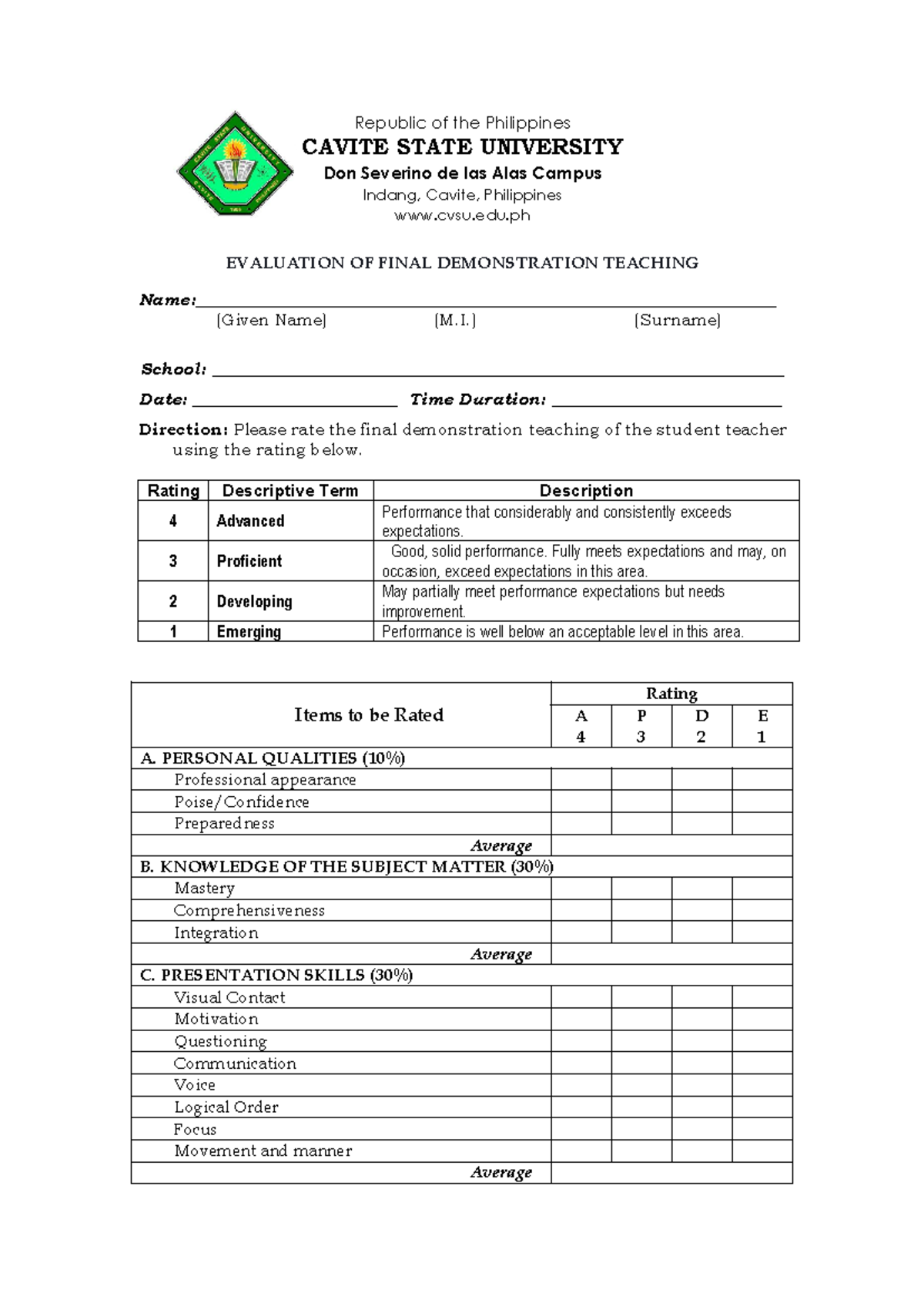 Evaluation of Final Demonstration Teaching - Republic of the ...
