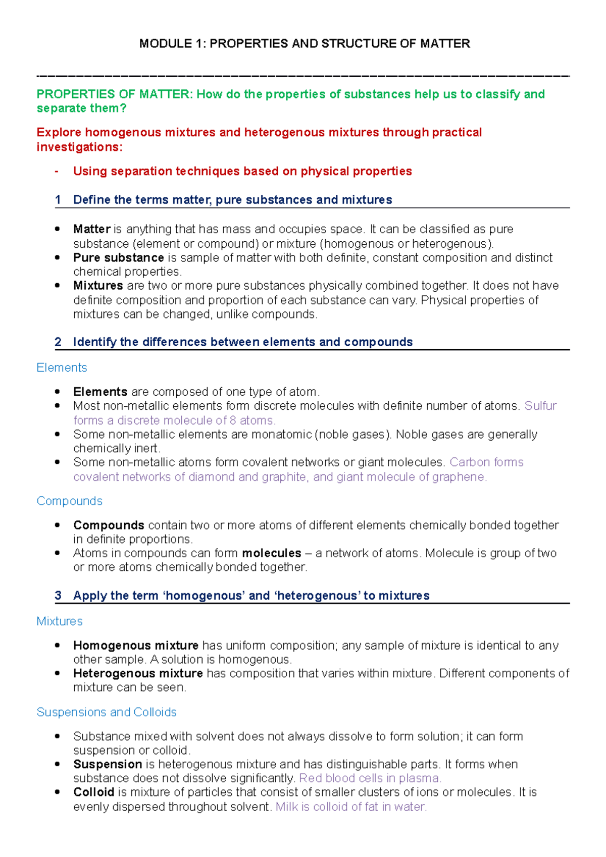 preliminary chemistry - module 1 summary notes - MODULE 1: PROPERTIES ...