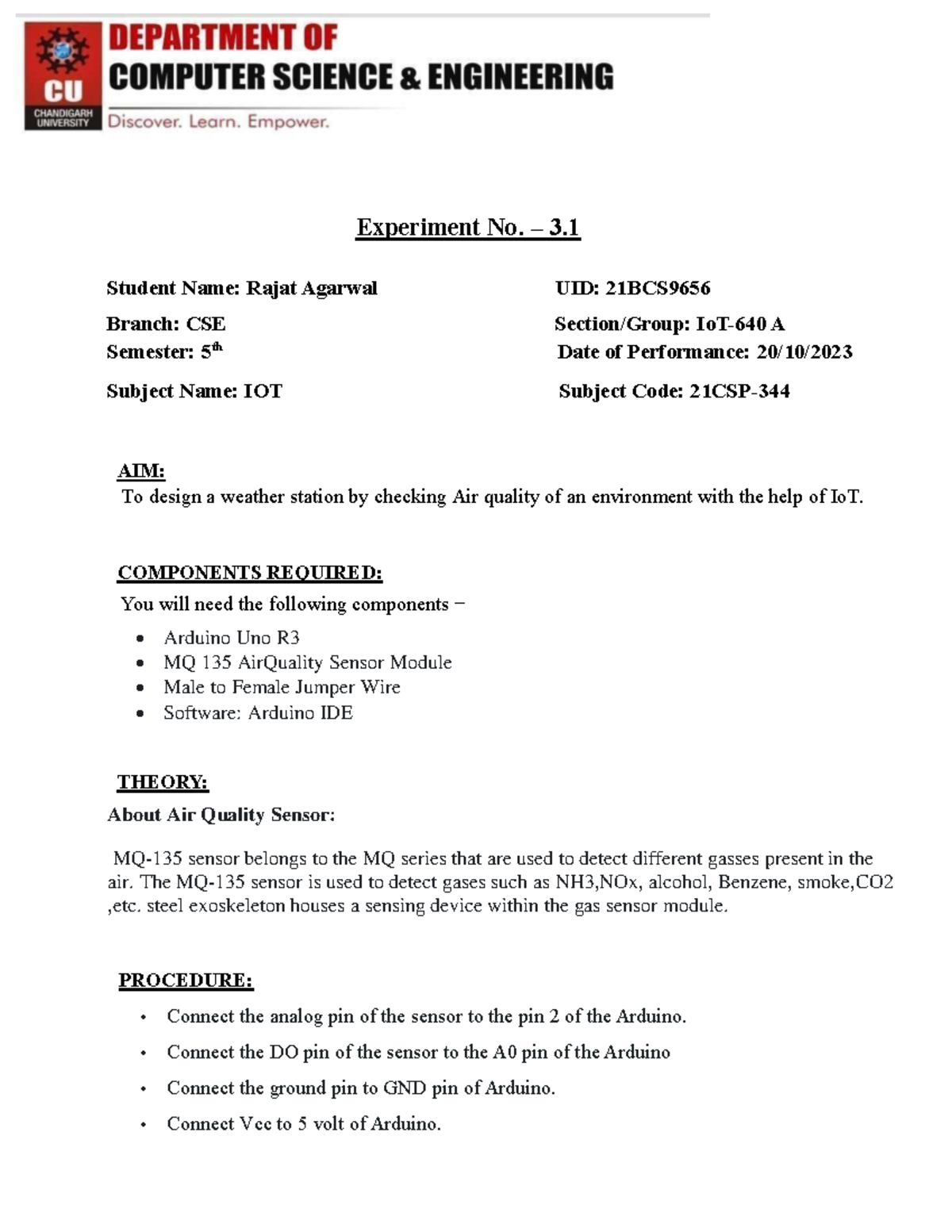 21bcs9656 IOT exp 3.1 - Experiment No. – 3. Student Name: Rajat Agarwal UID: 21BCS 9656 Branch ...