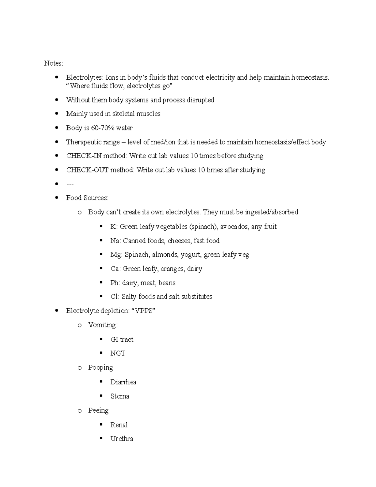 Lab Electrolyte Study Guide - Notes: Electrolytes: Ions in body’s ...